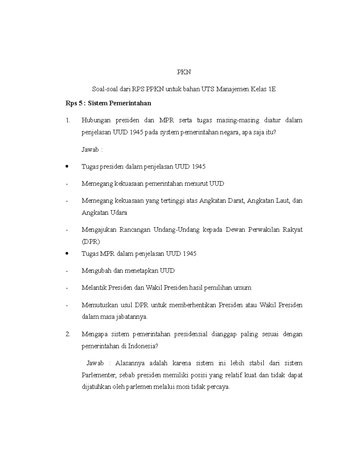 RPS 5 Sistem Pemerintahan - PKN Soal-soal dari RPS PPKN untuk bahan UTS Manajemen Kelas 1E Rps 5 ...