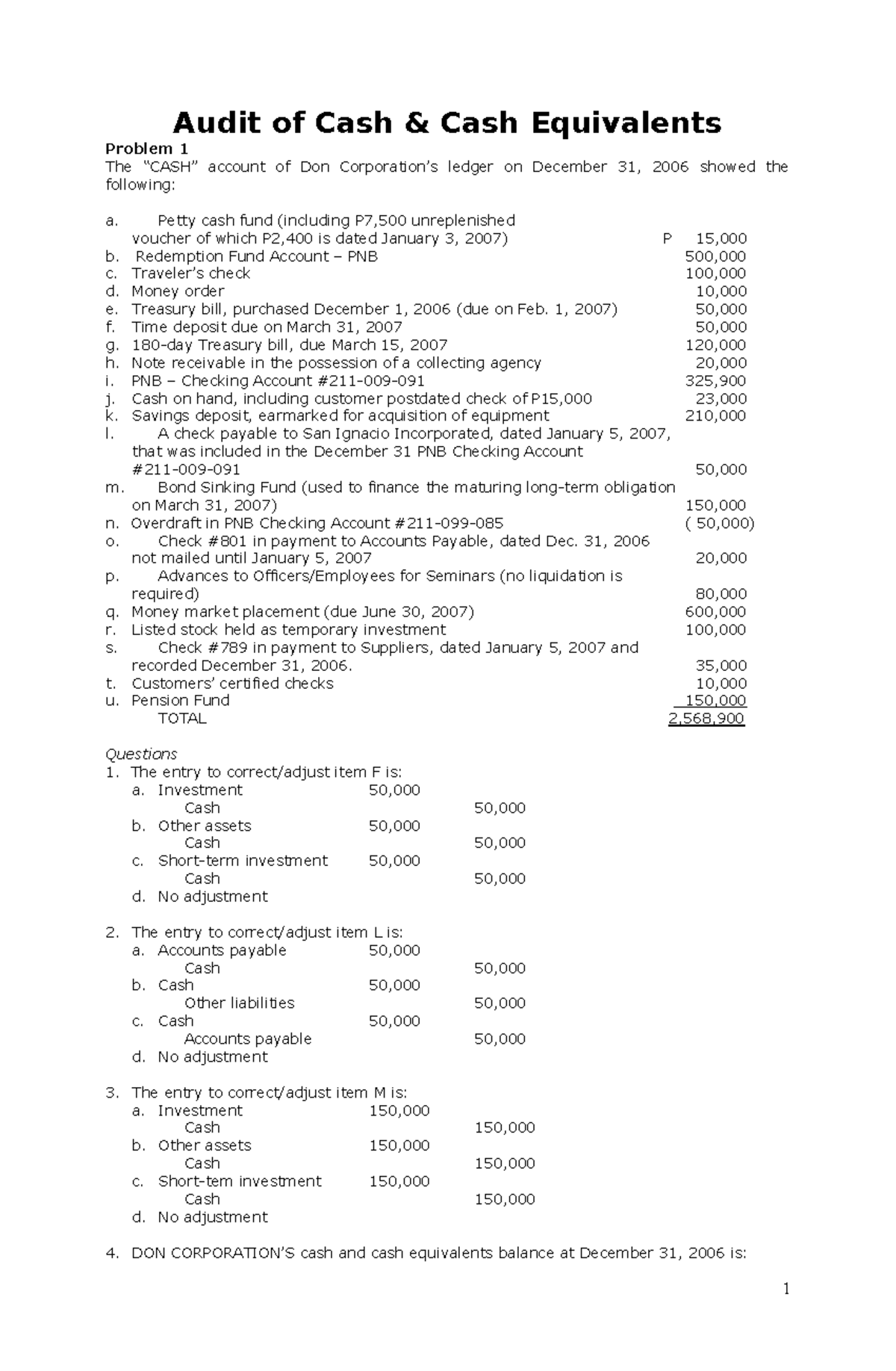 Audit of Cash and Cash Equivalents - Audit of Cash & Cash Equivalents ...