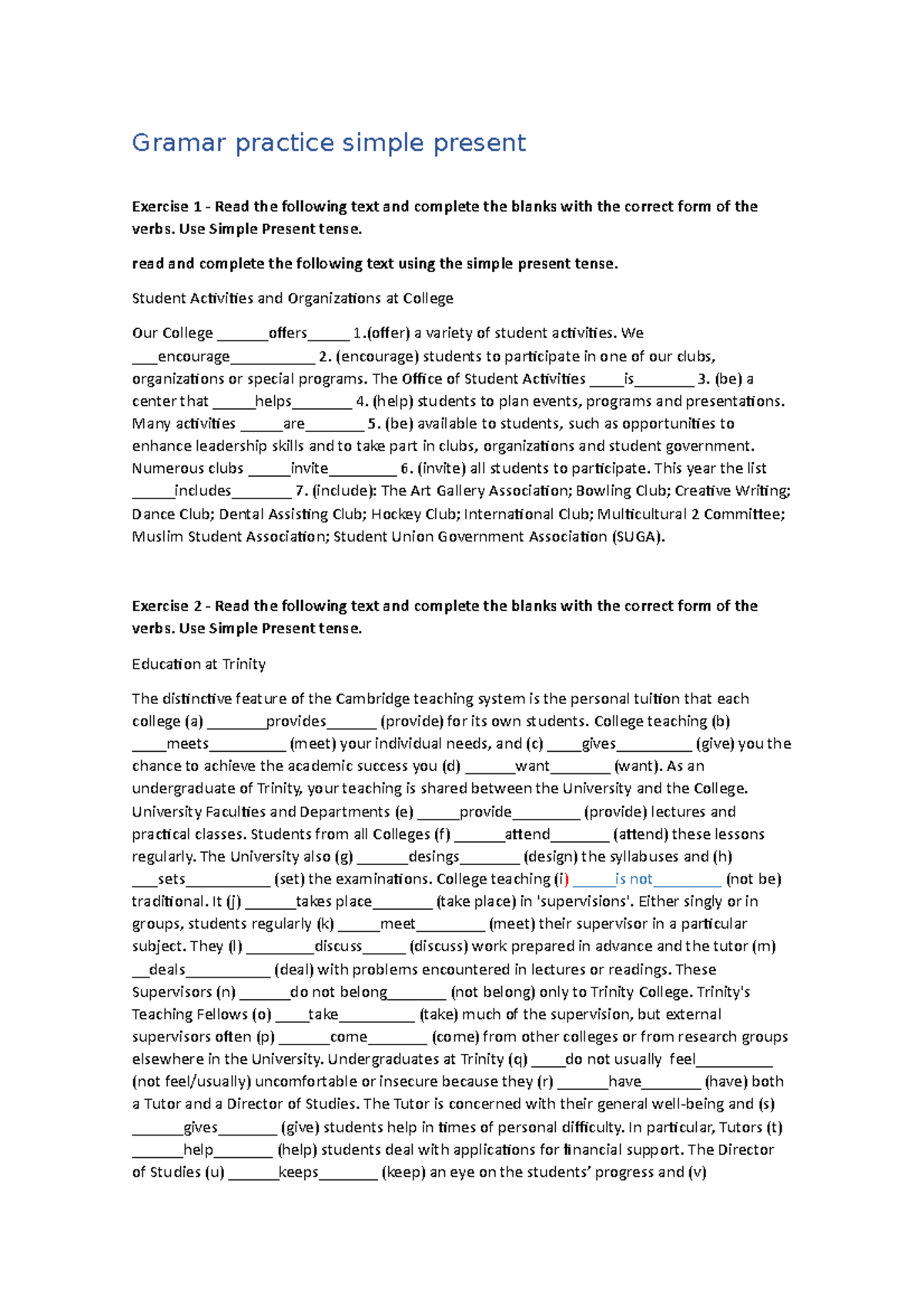 actividades resueltas de la semana 1 - Gramar practice simple present ...