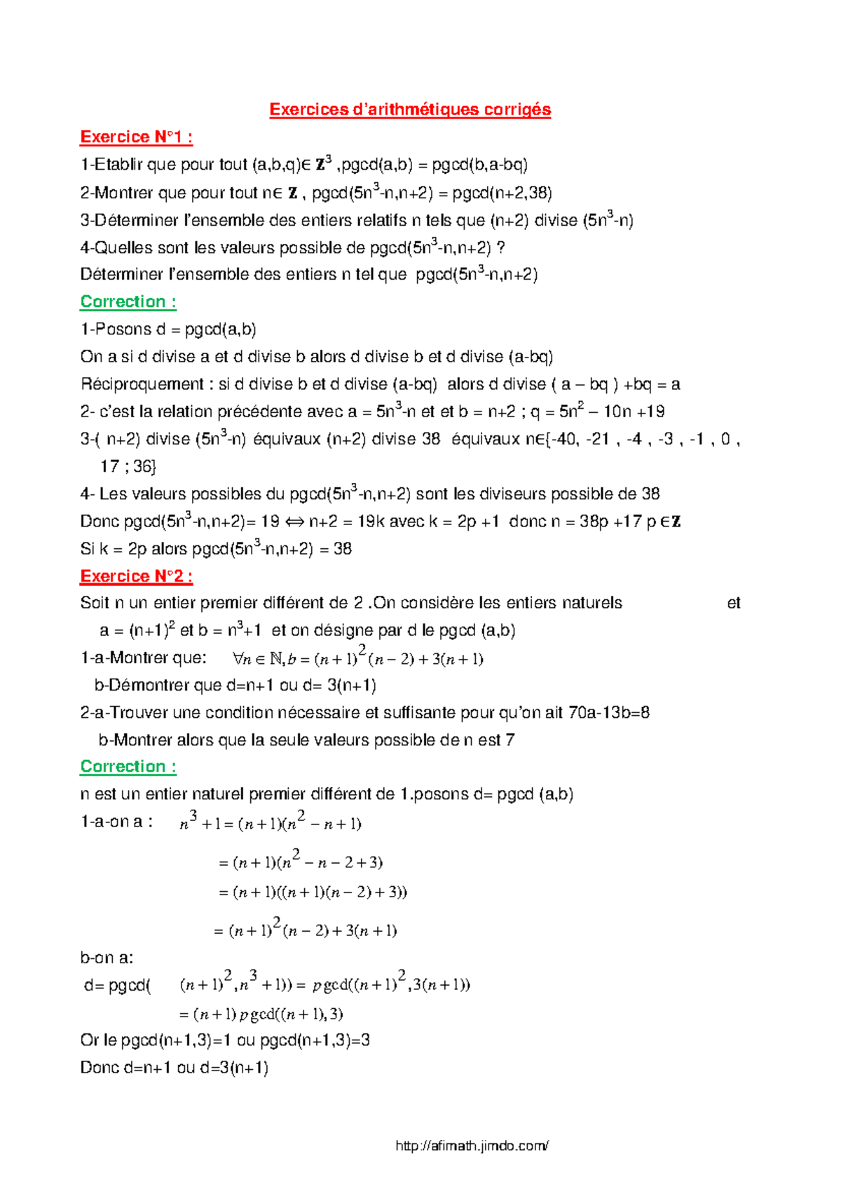 AFIF - math - Exercices d’arithmétiques corrigés Exercice N°1 : 1-Etablir que pour tout (a,b,q)Ժ ...