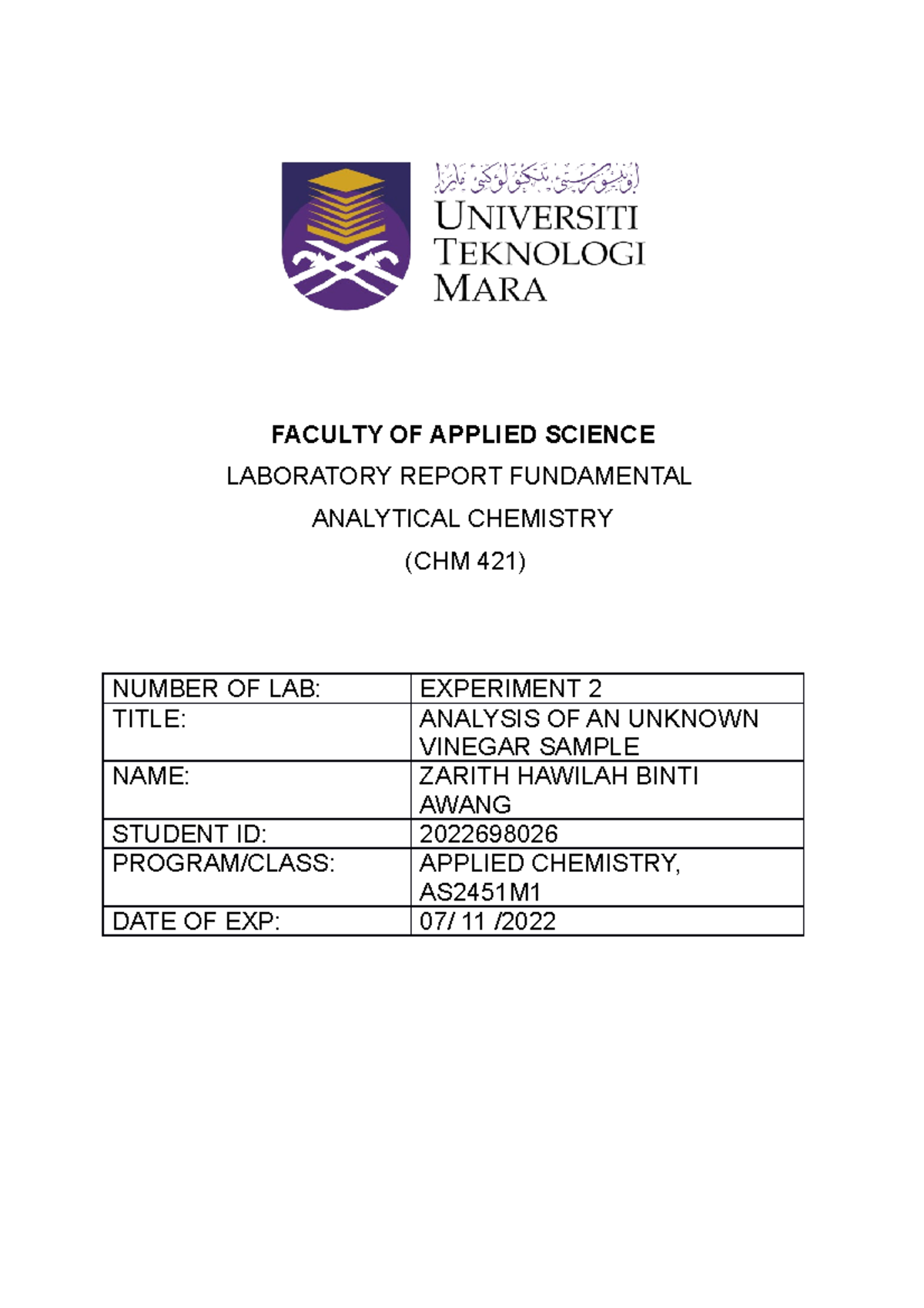 LAB Report EXP 2 Analytical Chemistry - FACULTY OF APPLIED SCIENCE ...