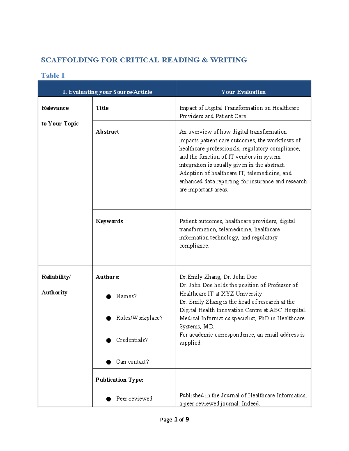 Tutorial week 3 - SCAFFOLDING FOR CRITICAL READING & WRITING Table 1 1 ...
