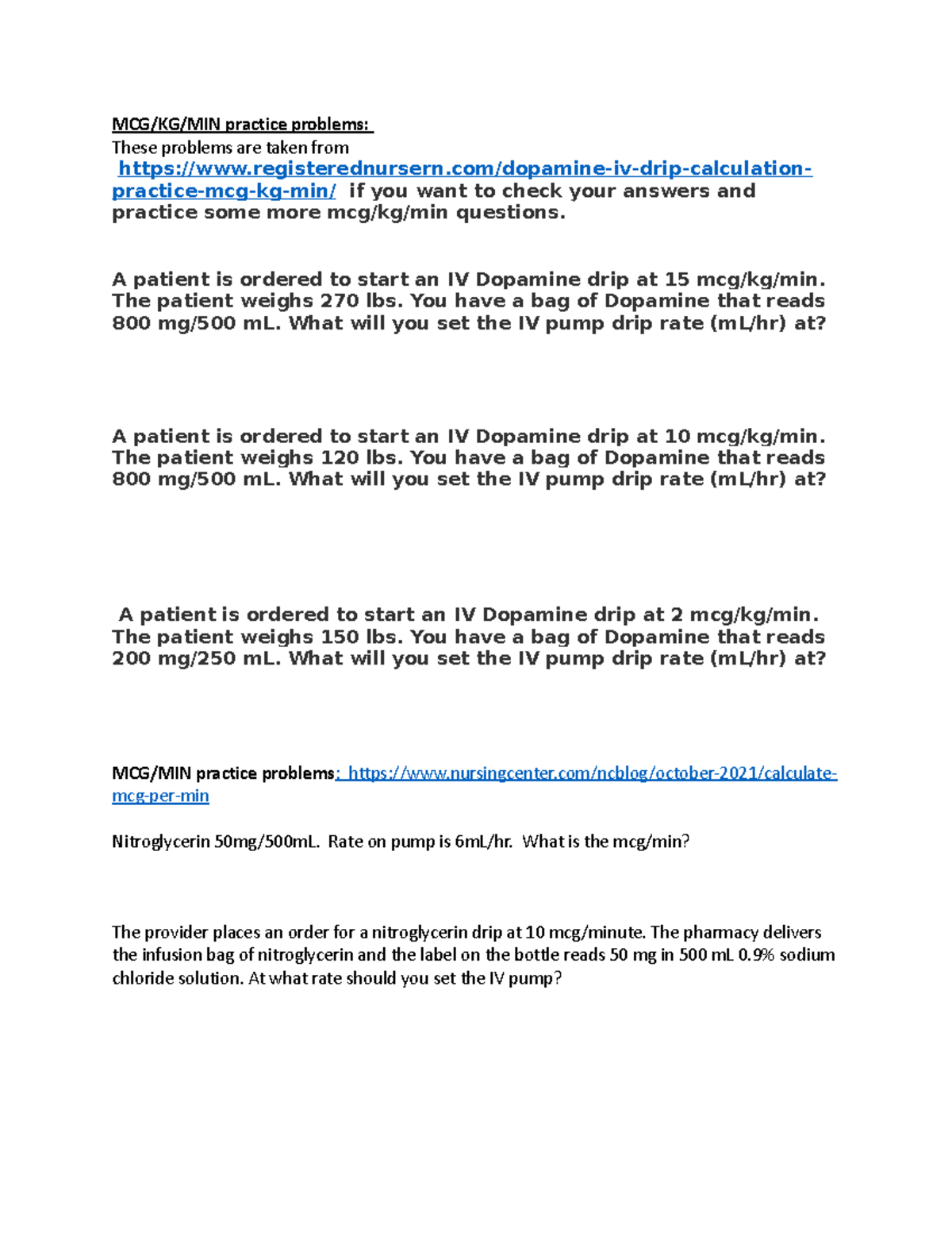 Mcgkgmin, mcgmin, and unit infusion practice problems - MCG/KG/MIN ...