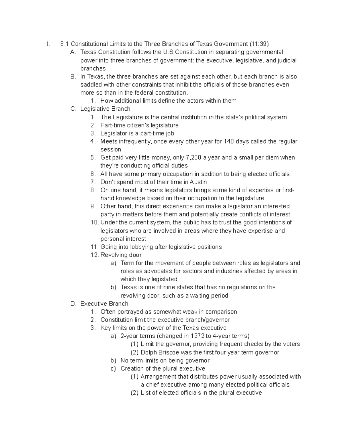 GOV 312L Module 6 Notes - I. 6 Constitutional Limits to the Three ...