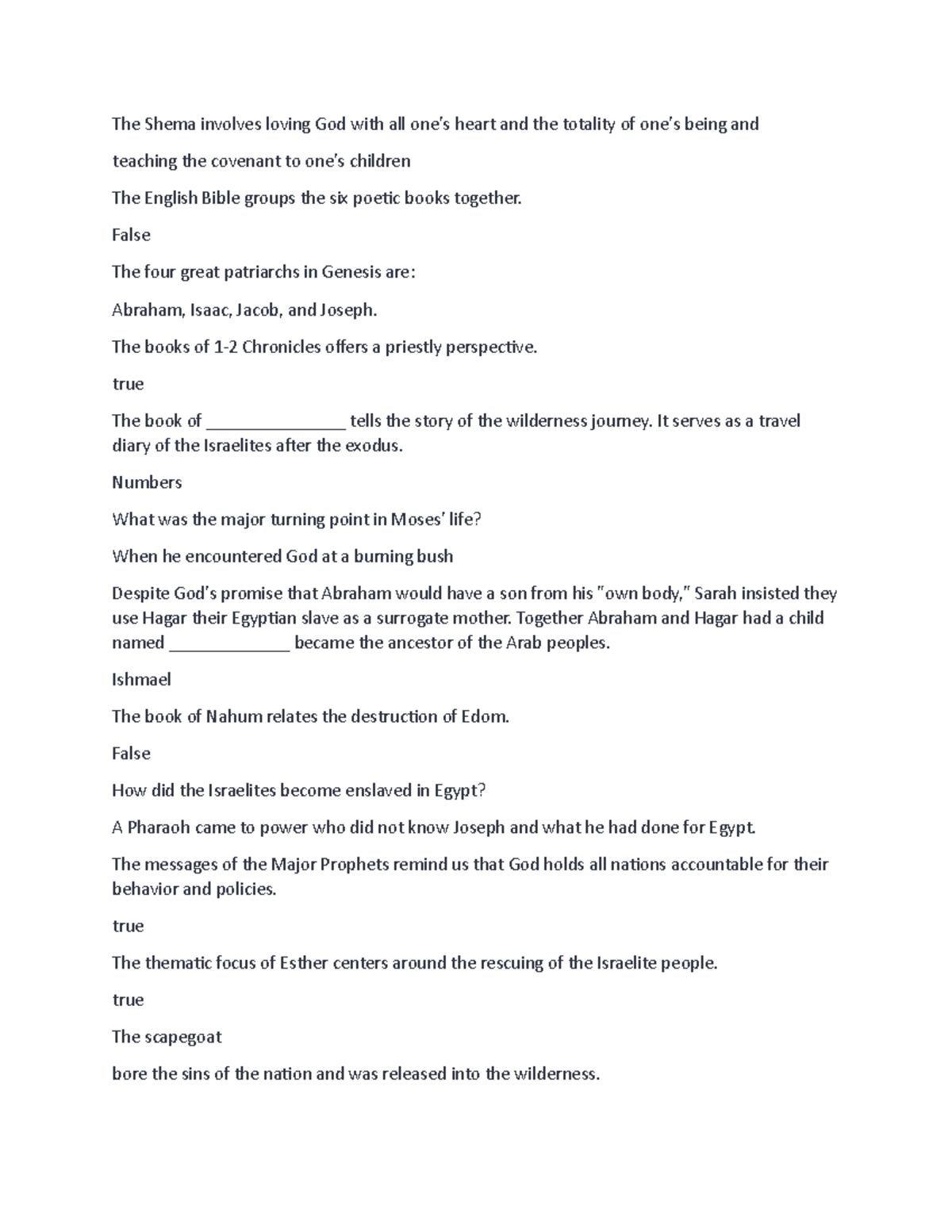 Bibl 104 course summary - The Shema involves loving God with all one's ...