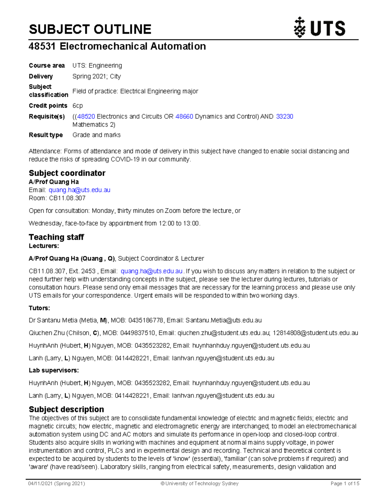 Electromechanical Automation - Subject Outline - SUBJECT OUTLINE 48531 ...