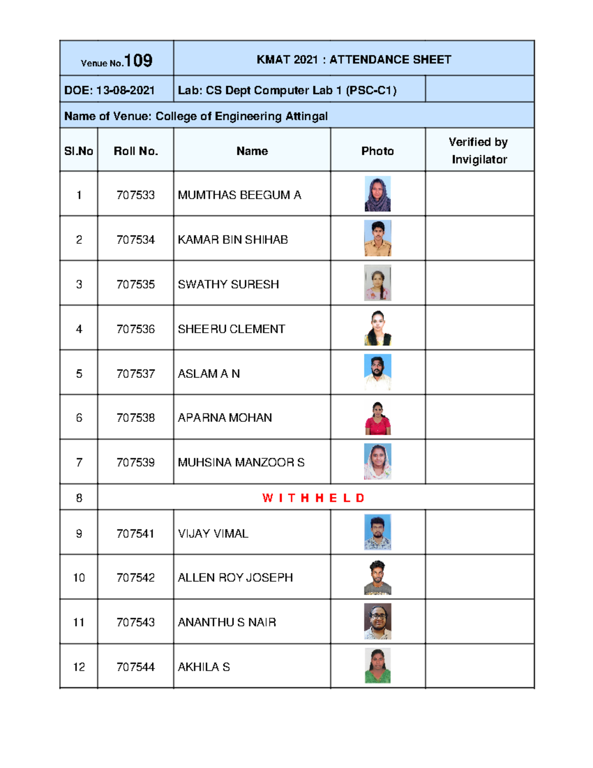 109 - sd sd - Venue No. 109 KMAT 2021 : ATTENDANCE SHEET DOE: 13-08 ...