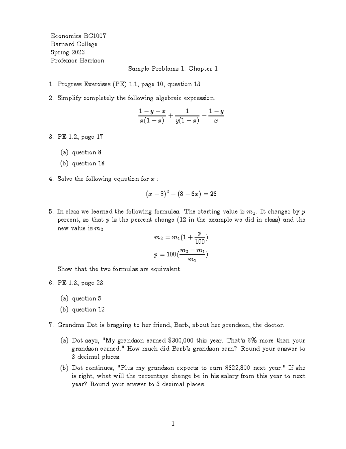 Sample Problems 1 - Economics BC Barnard College Spring 2023 Professor ...