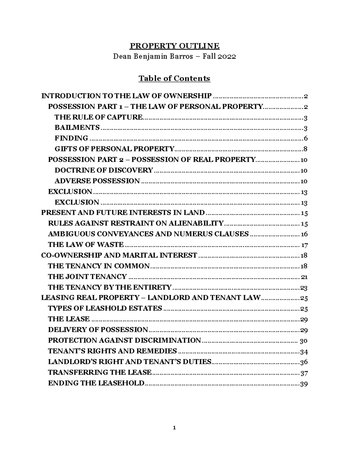 Property Outline - Barros - PROPERTY OUTLINE - Dean Benjamin Barros ...