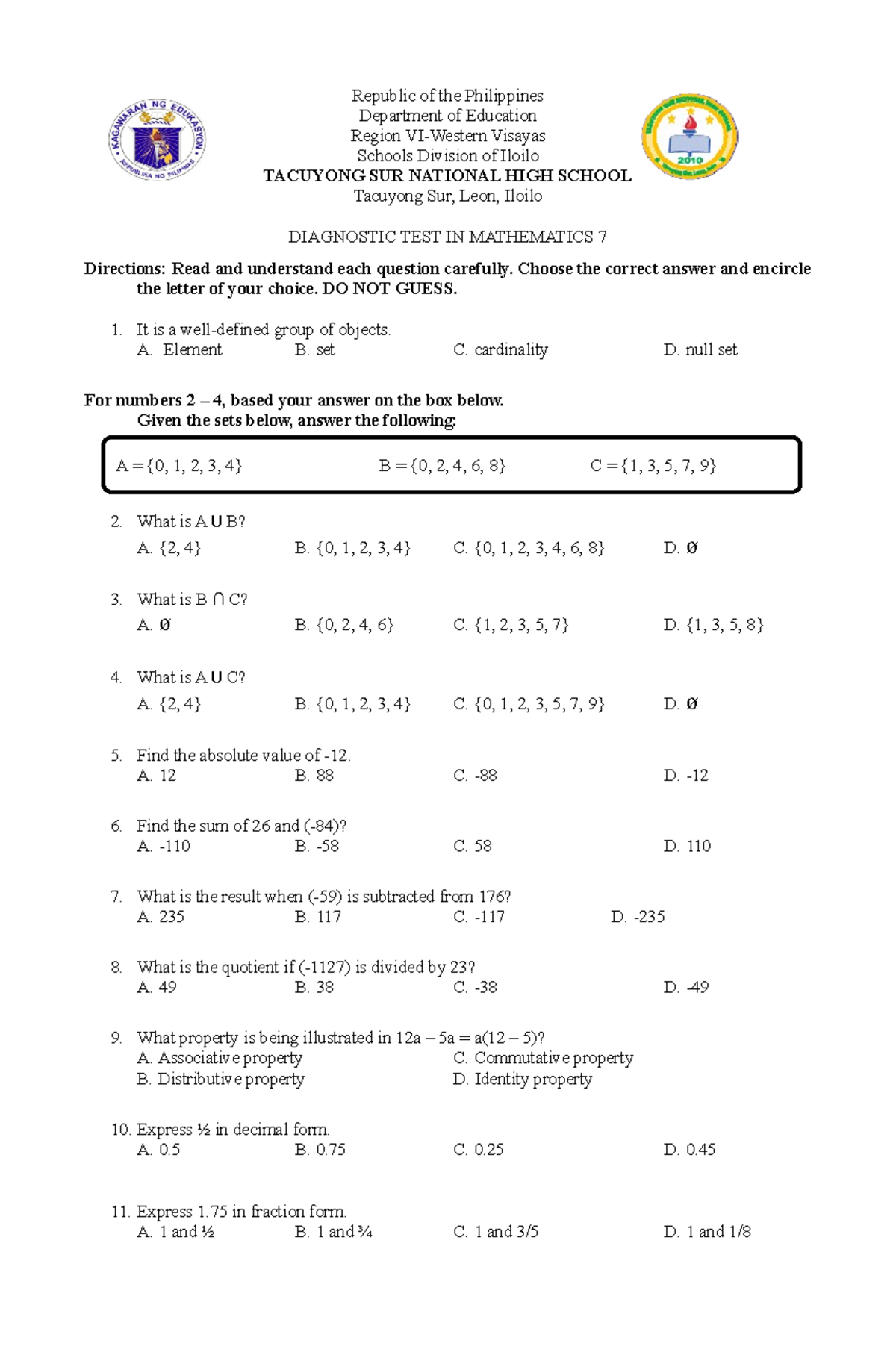 437903005 Math 7 Diagnostic Test - Republic of the Philippines ...
