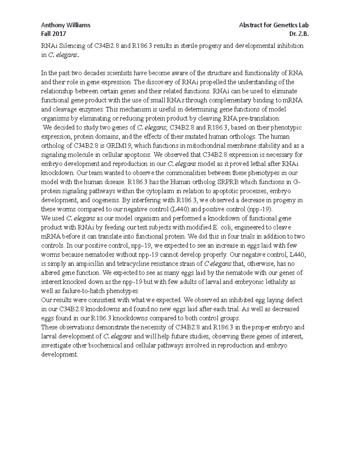 Genetics Lab Abstract - Tony 2017 - Anthony Williams Abstract for ...