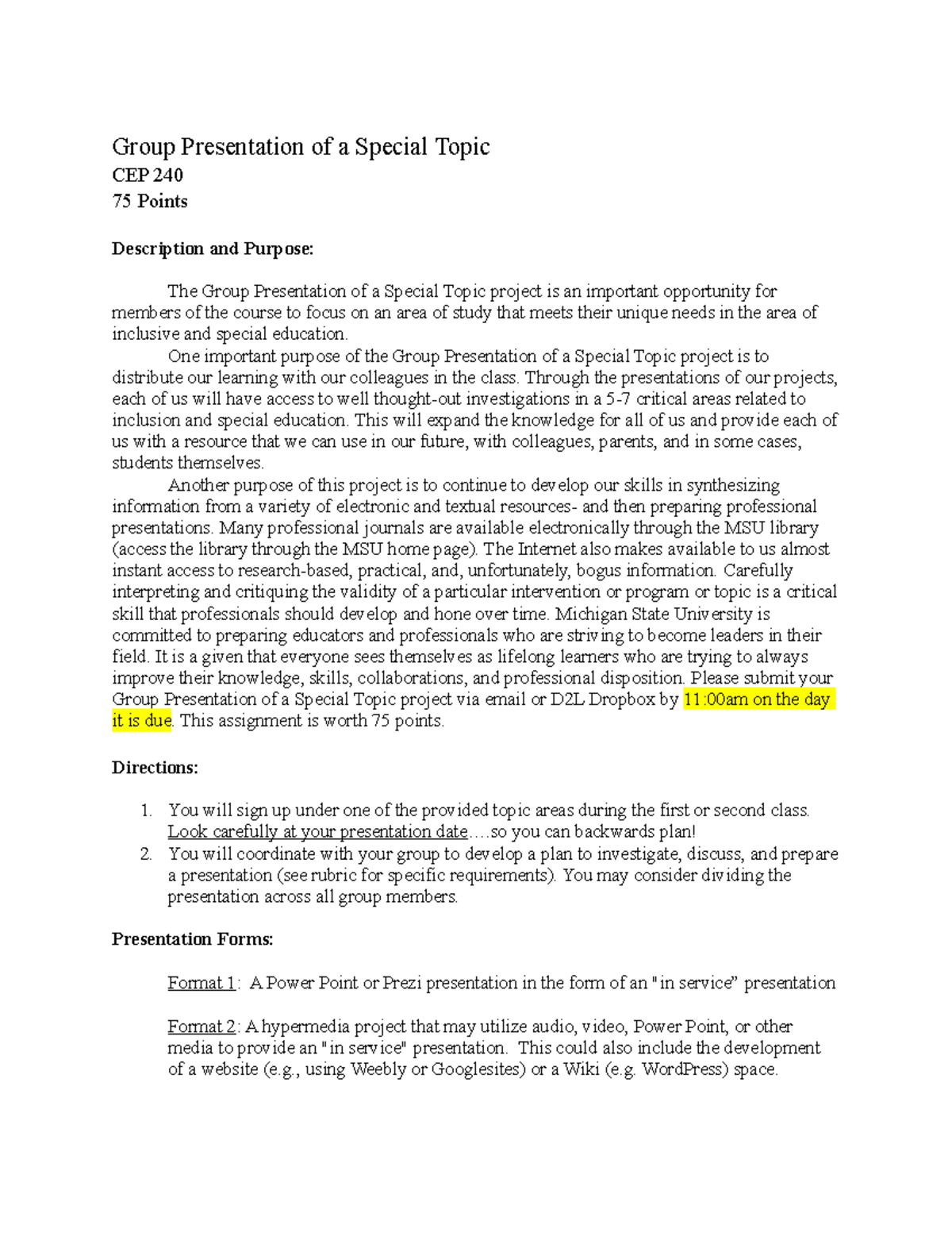 Group Presentation Special Topics Packet-2 - Group Presentation of a ...