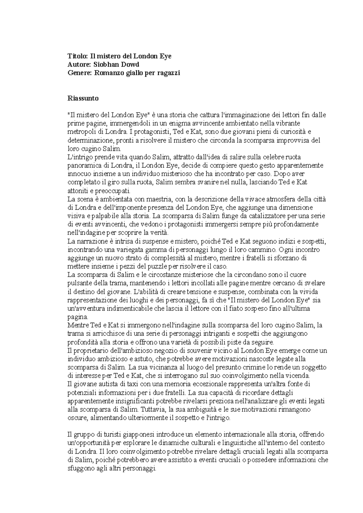 Riassunto Il mistero del London Eye - Titolo: Il mistero del London Eye ...