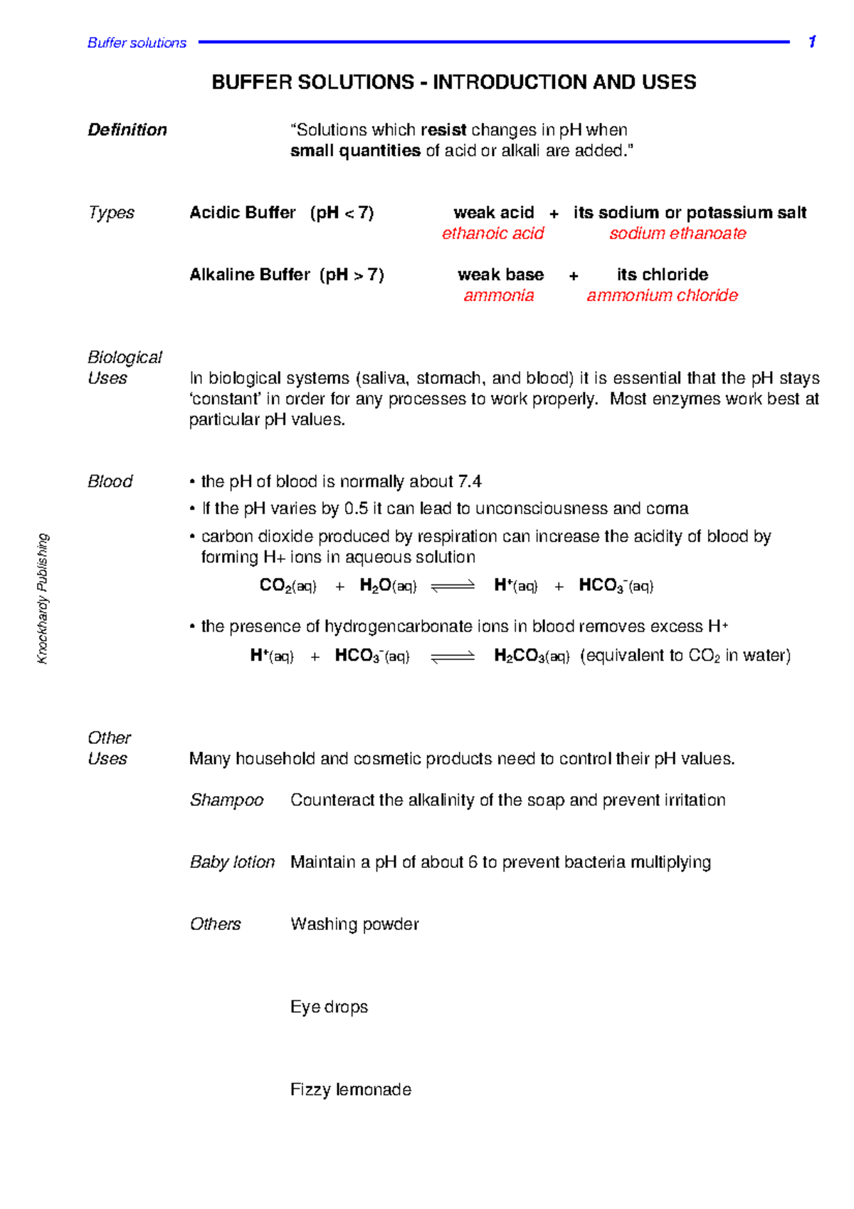 Acids and Bases - Buffer Solutions and Uses - BUFFER SOLUTIONS ...