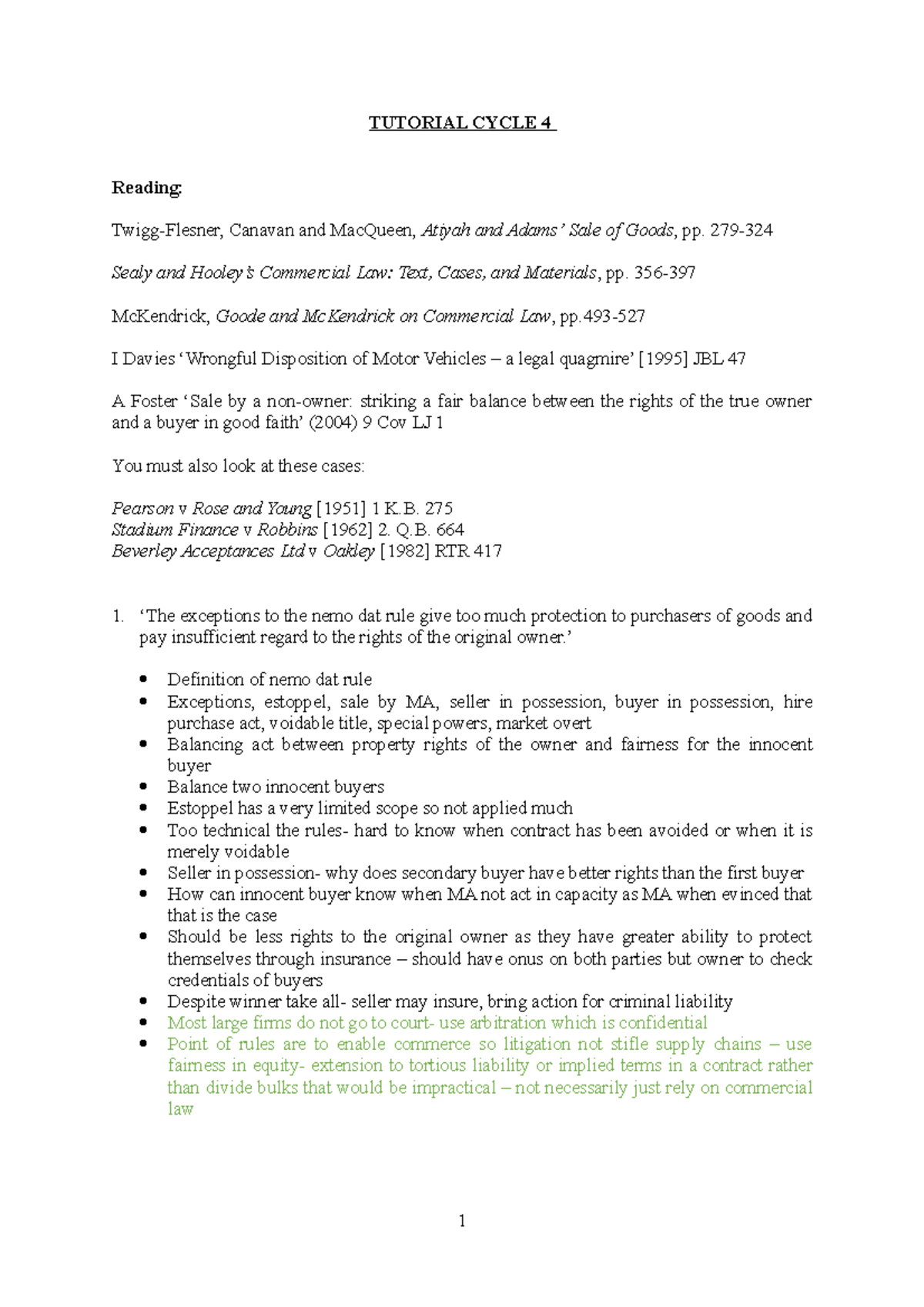 Commercial law tutorial 4 handout 2022-23 - TUTORIAL CYCLE 4 Reading ...