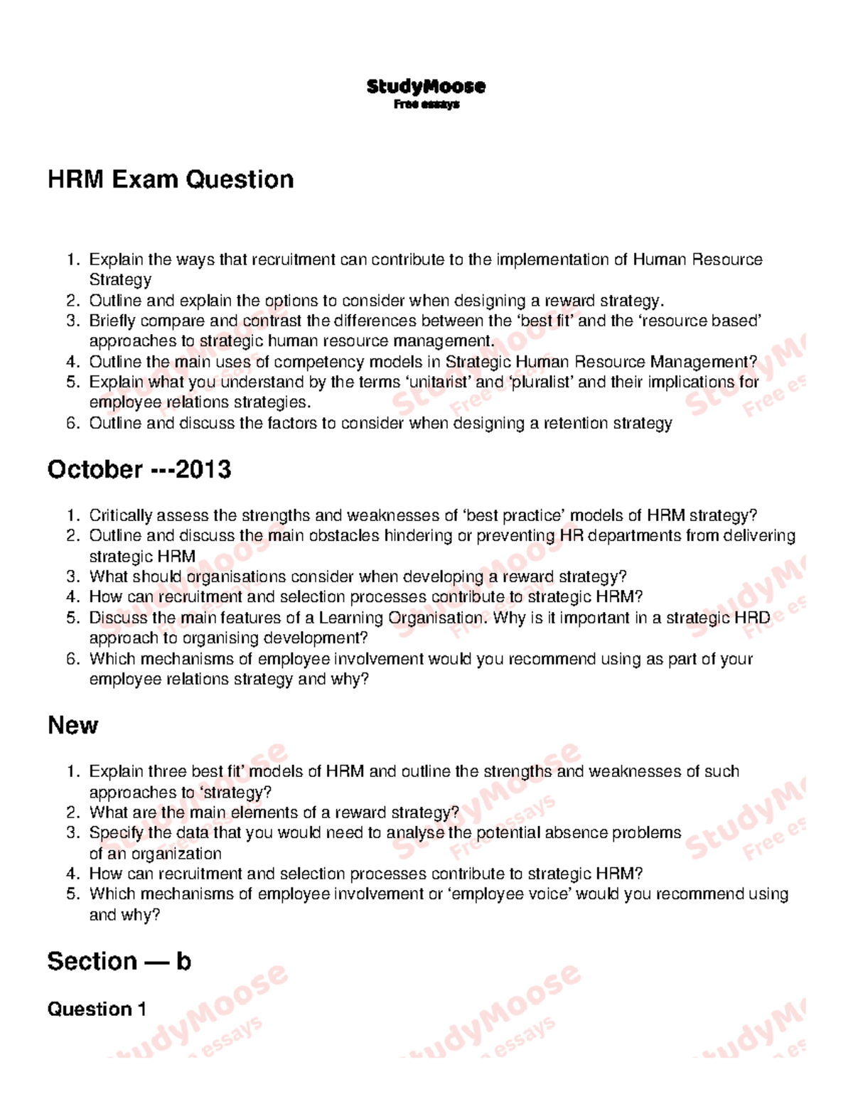 HRM Exam Question for Practice Purpose - HRM Exam Question Explain the ...