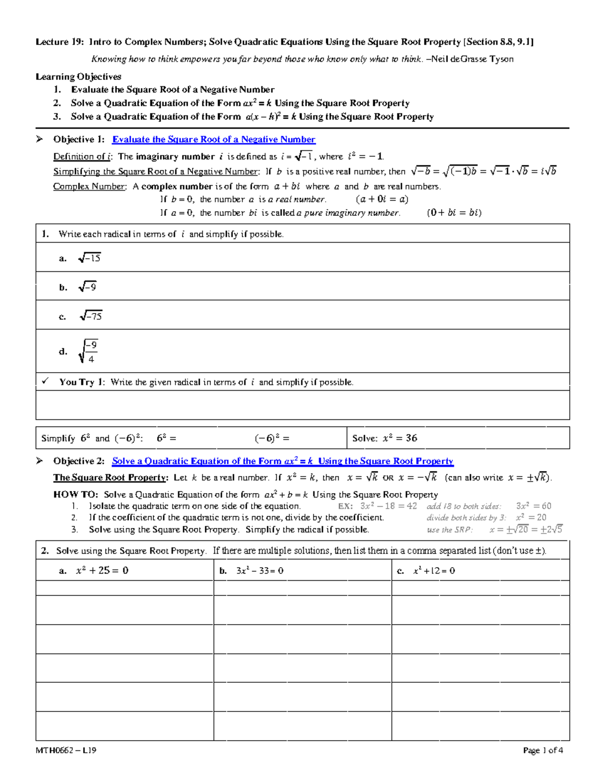0662 - L19 - Intro to Complex Numbers and The Square Root Property - Lecture 19: Intro to ...