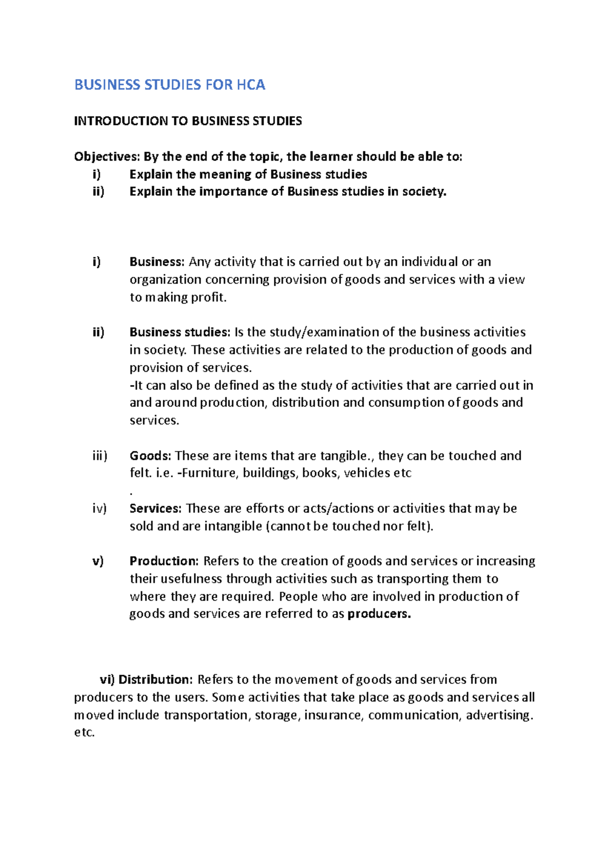 Business Studies Lecture Notes - BUSINESS STUDIES FOR HCA INTRODUCTION ...