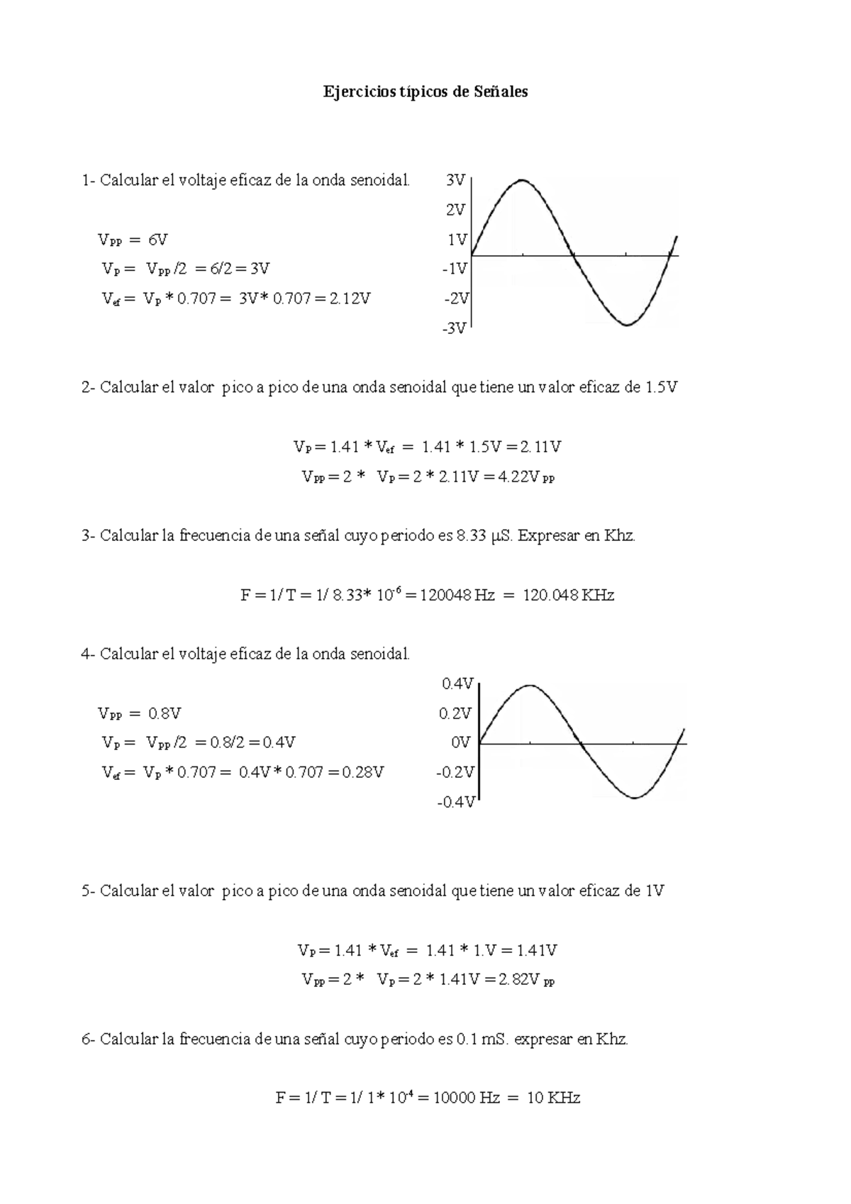 Ejercicios - 3V 2V VPP = 6V 1V VP = VPP /2 = 6/2 = 3V -1V Vef = VP * 0 = 3V* 0 = 2 -2V -3V 2 ...