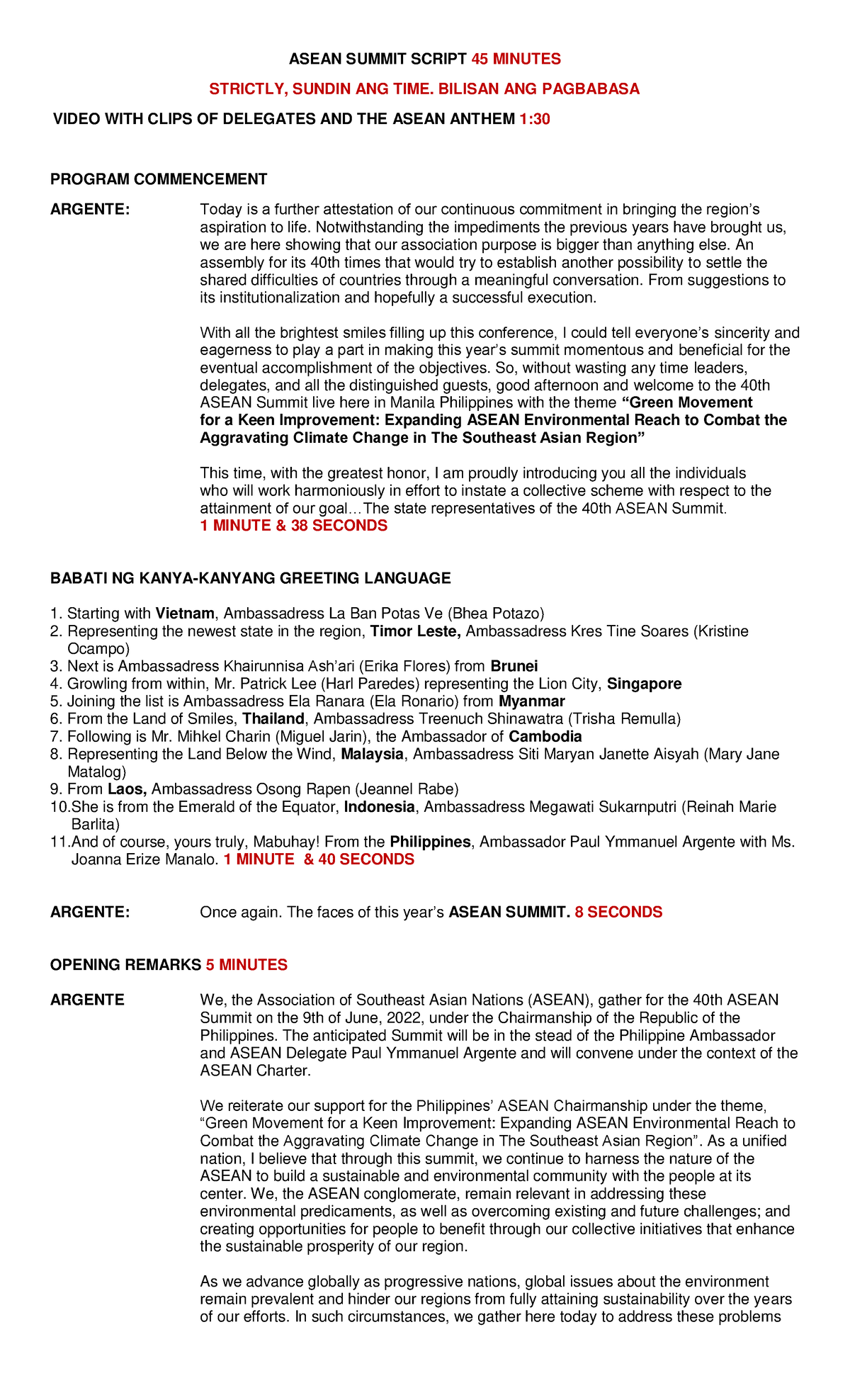Asean- Summit- Script - ASEAN SUMMIT SCRIPT 45 MINUTES STRICTLY, SUNDIN ...