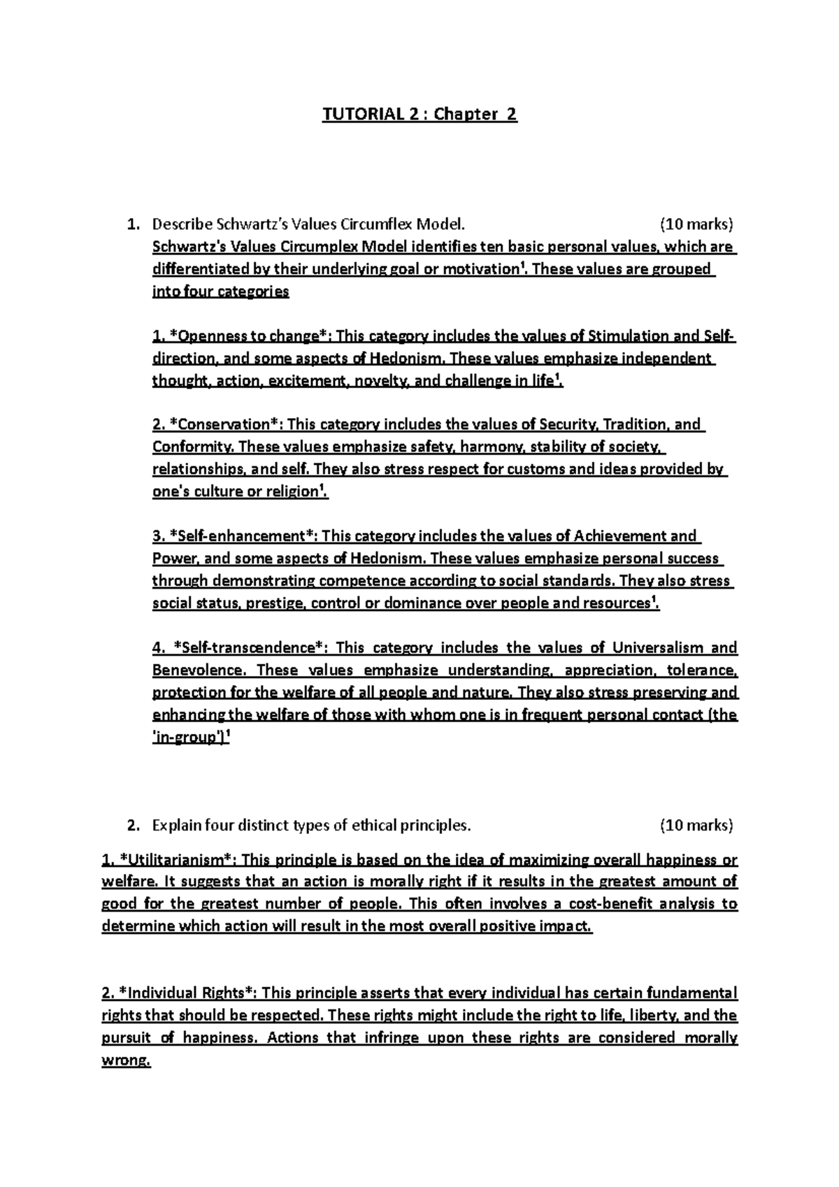 Tutorial chapter 2 - TUTORIAL 2 : Chapter 2 1. Describe Schwartz’s Values Circumflex Model. (10 ...