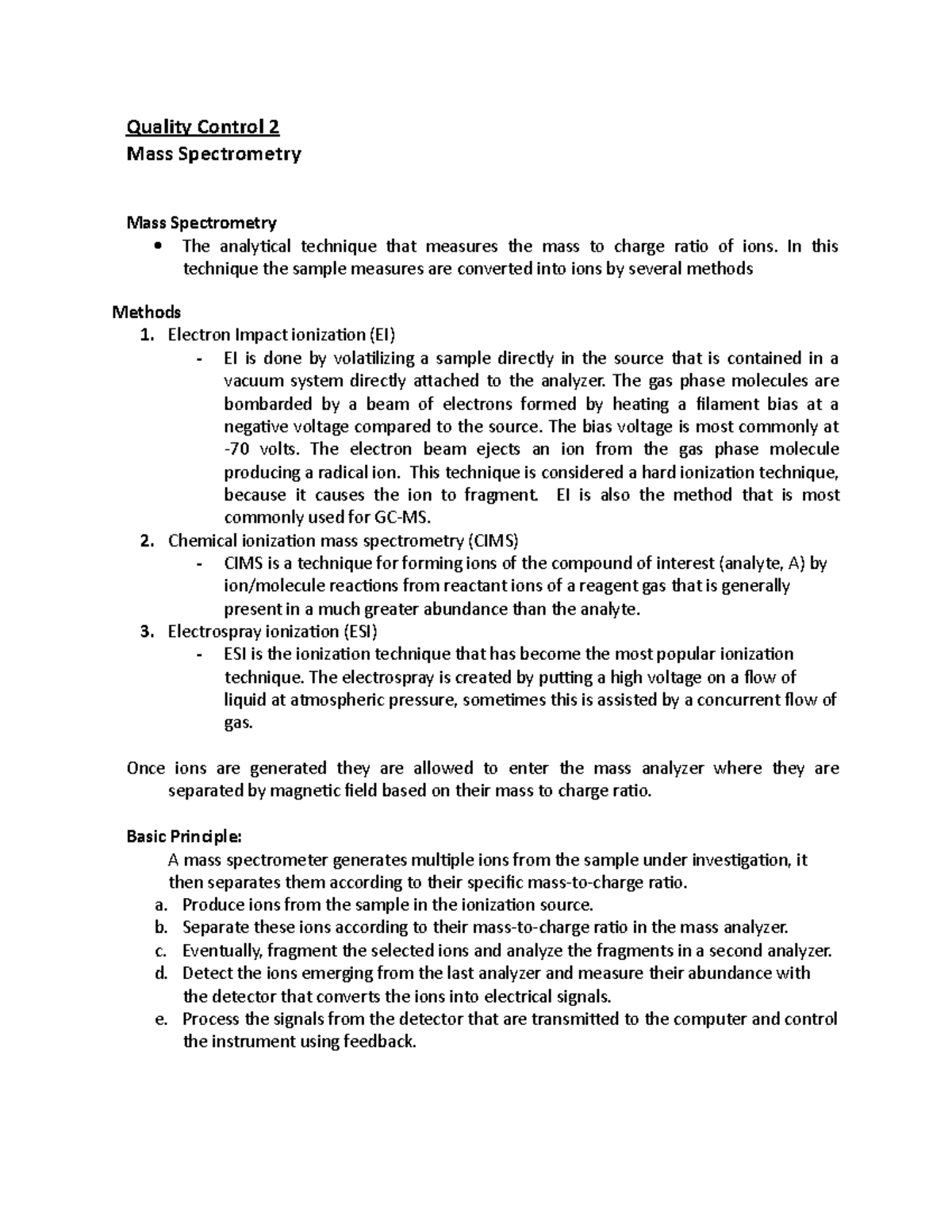QC2 Notes (Mass Spectrometry) - Quality Control 2 - Studocu