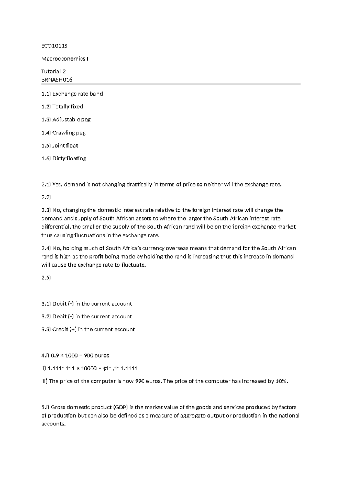 ECO1011s tut 2 - ECO1011S Macroeconomics I Tutorial 2 BRNASH Exchange ...