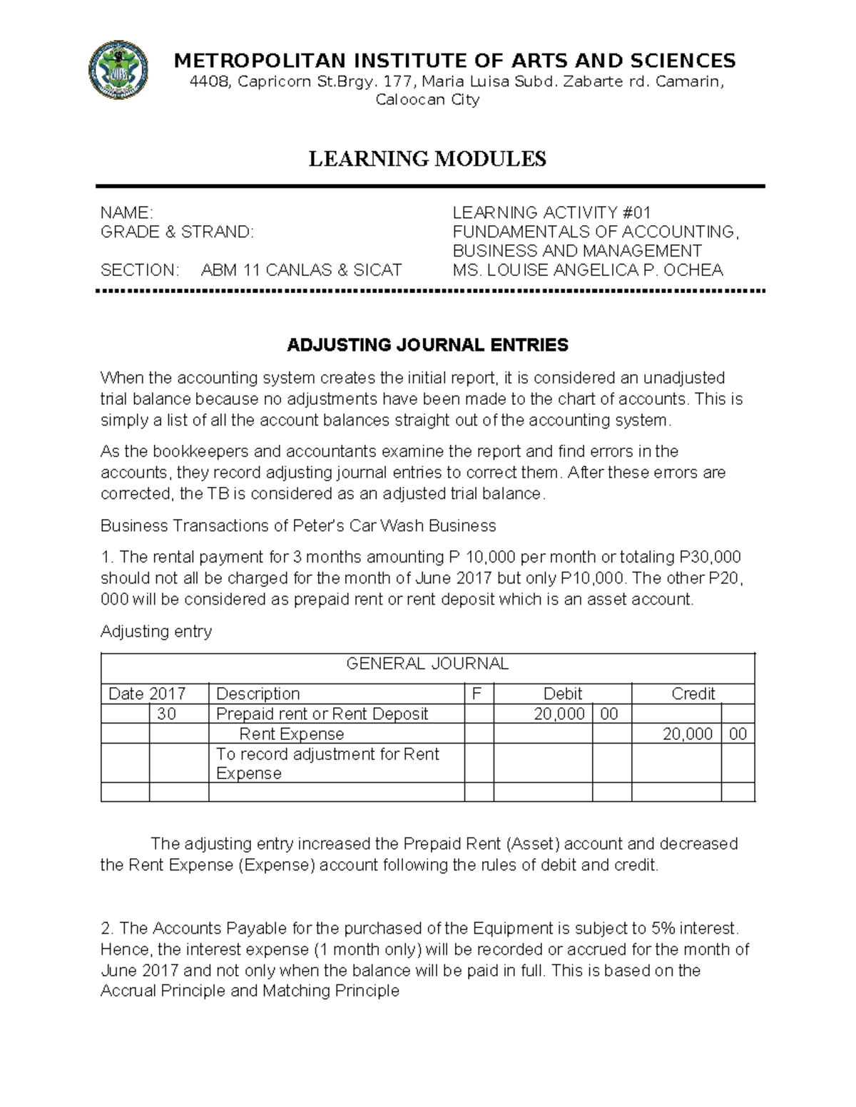 FABM1 Module - METROPOLITAN INSTITUTE OF ARTS AND SCIENCES 4408 ...