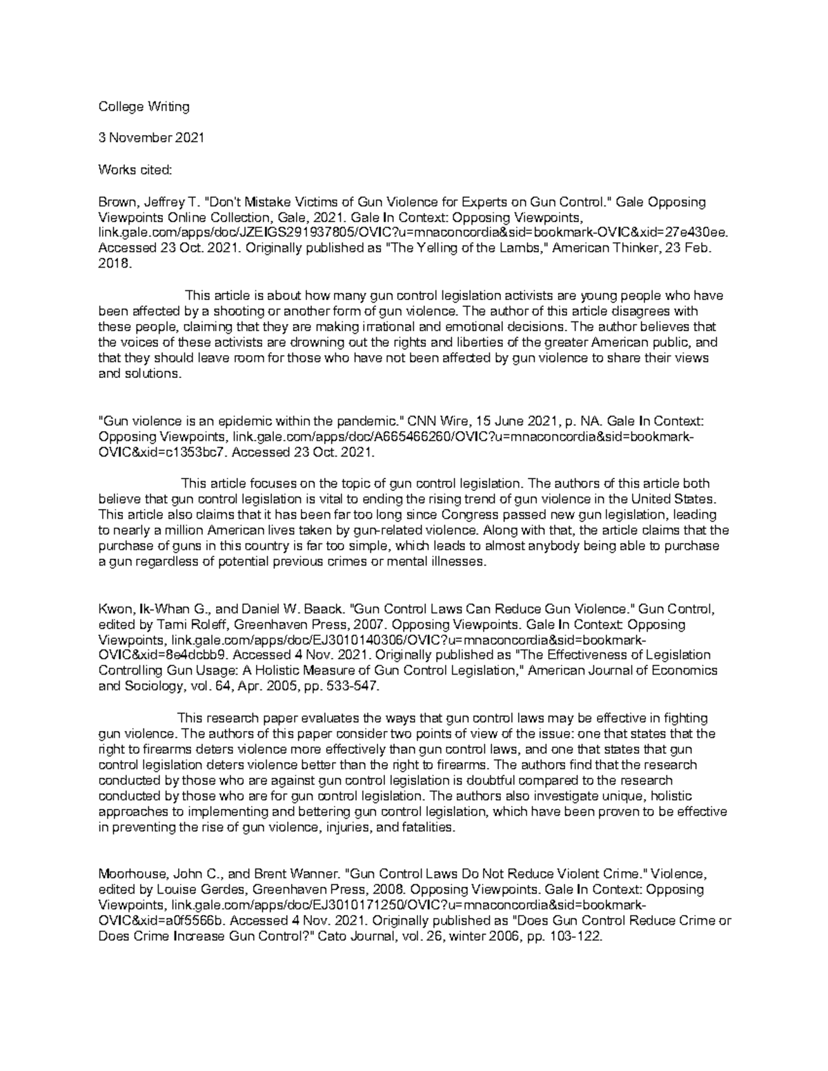 Doc'10 - Annotated Bibliography - College Writing 3 November 2021 Works ...