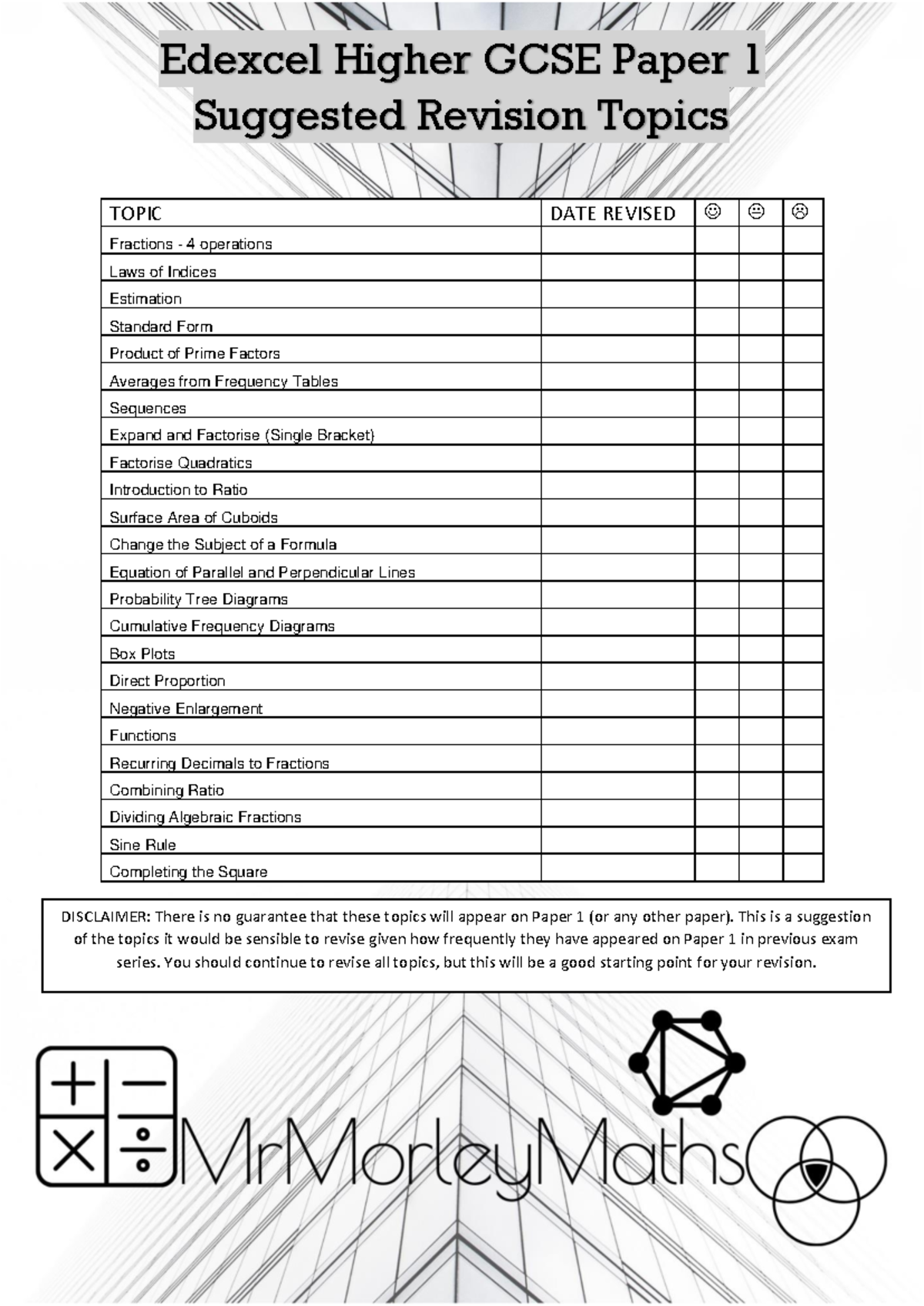 GCSE Higher Paper 1 Suggested Revision - Edexcel Higher GCSE Paper 1 ...