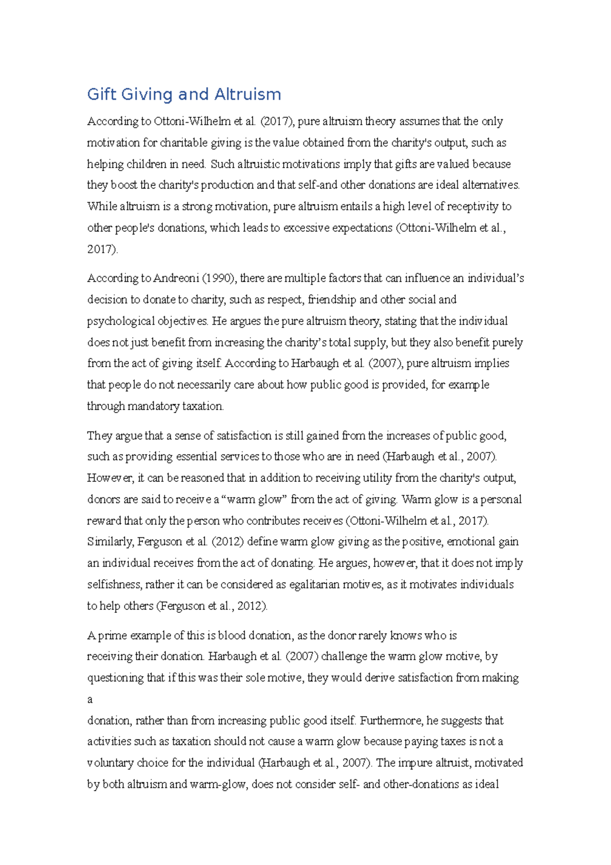 Gift Giving and Altruism - Gift Giving and Altruism According to Ottoni-Wilhelm et al. (2017 ...