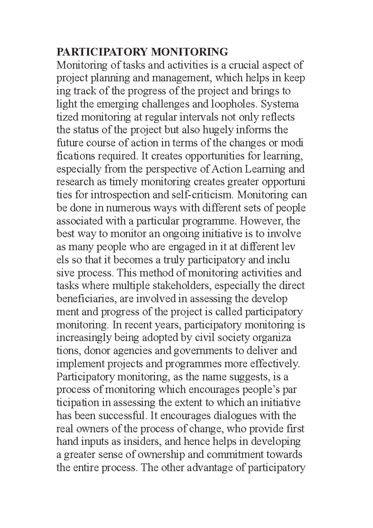 Participatory Monitoring - PARTICIPATORY MONITORING Monitoring of tasks ...