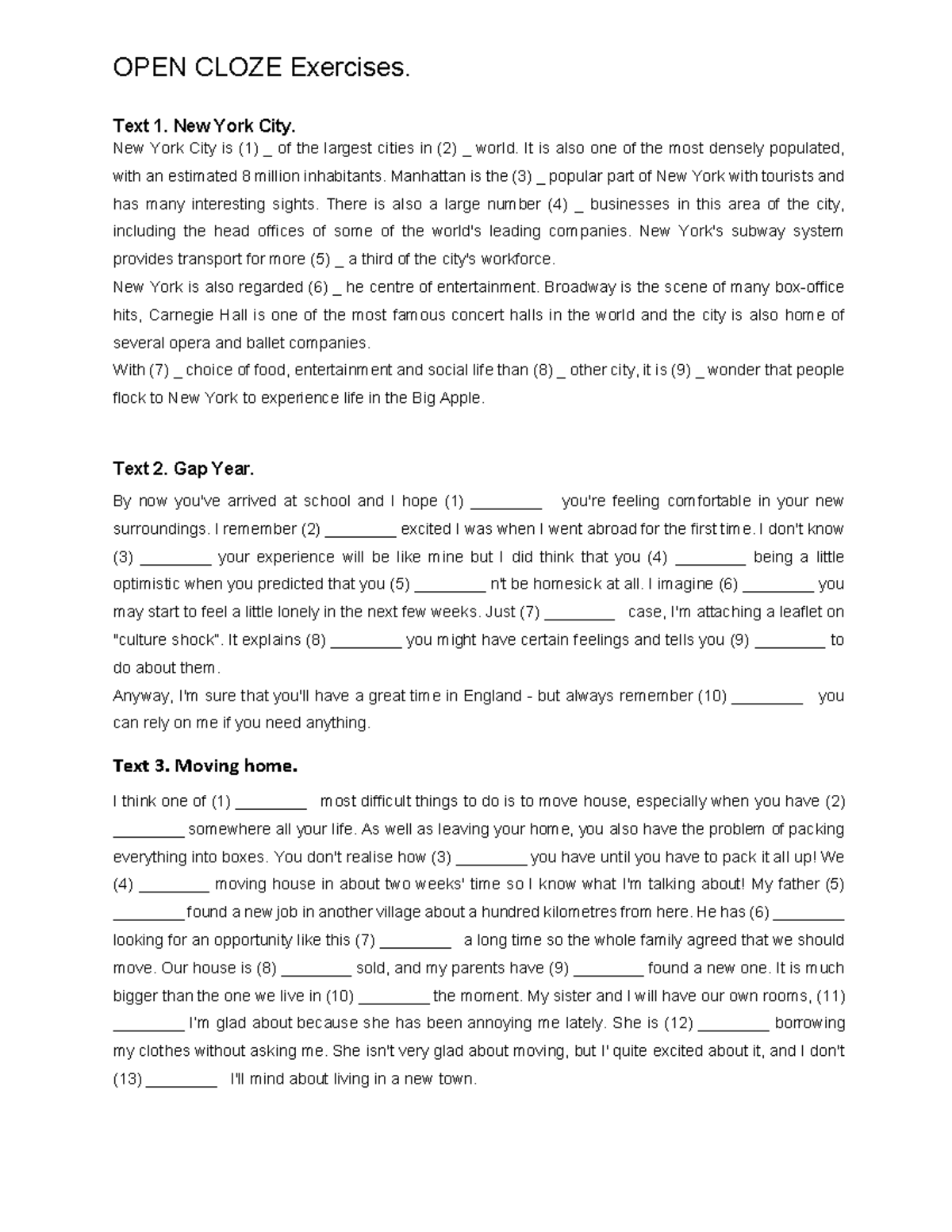 Open Cloze Exercise - OPEN CLOZE Exercises. Text 1. New York City. New ...