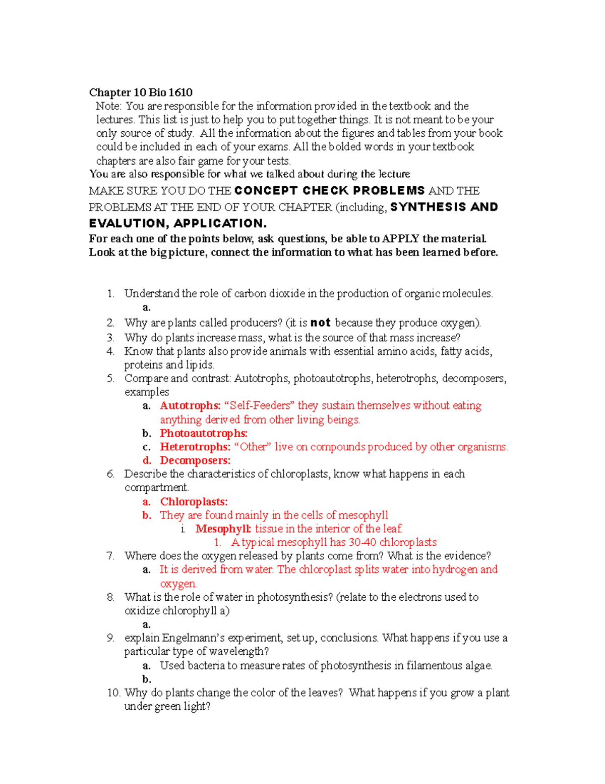 SG-1610 ch10-Photosynthesis - Chapter 10 Bio 1610 Note: You are responsible for the information ...