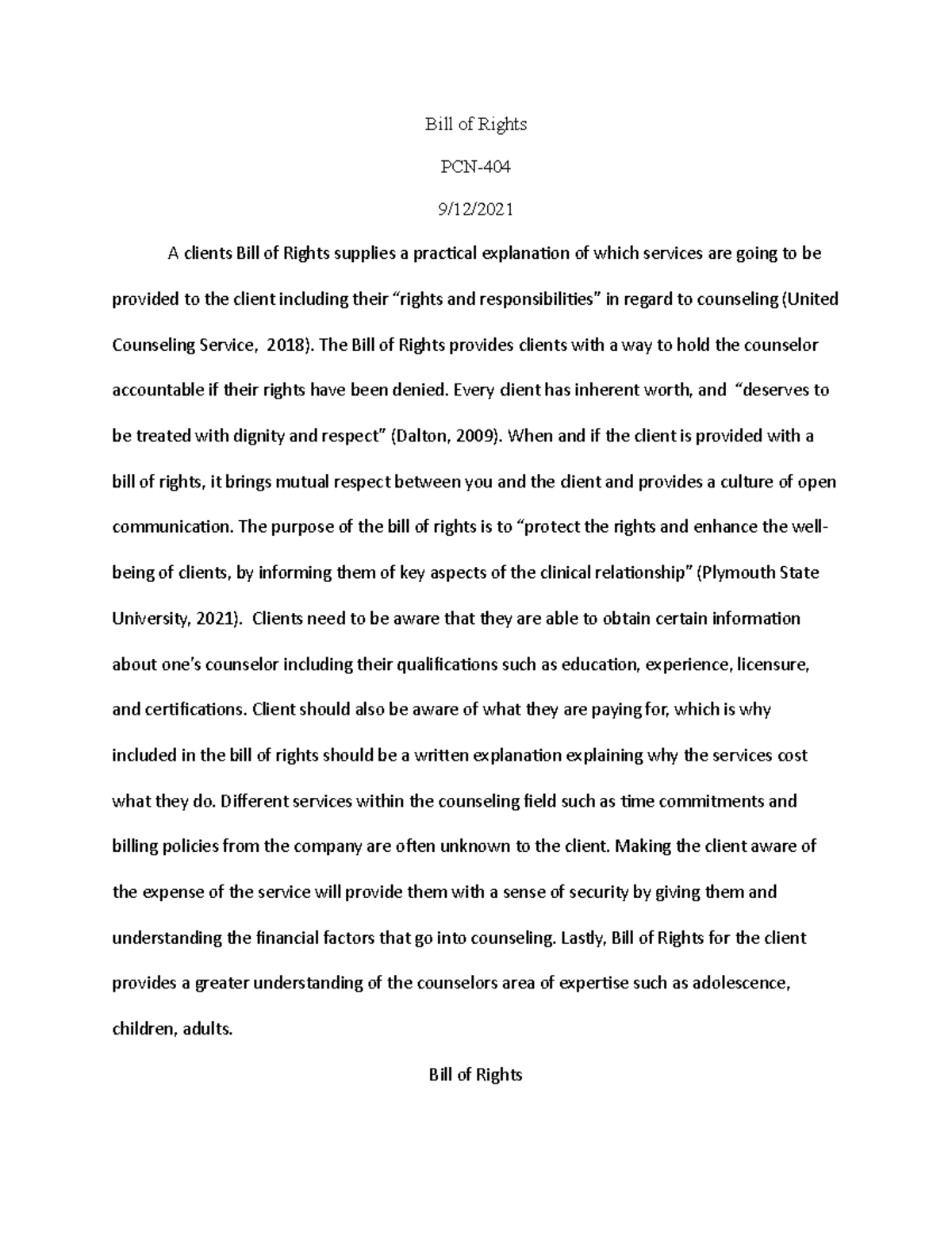 Bill of rights paper Pcn 404 GCU counseling - Bill of Rights PCN- 9/12 ...