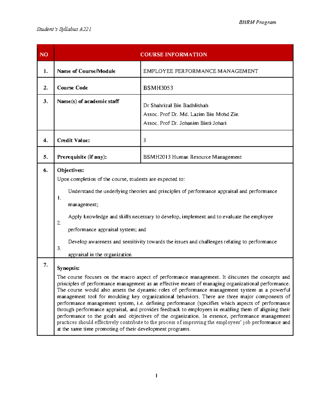 BSMH3053 Students Syllabus - A221 - Student’s Syllabus A NO COURSE ...