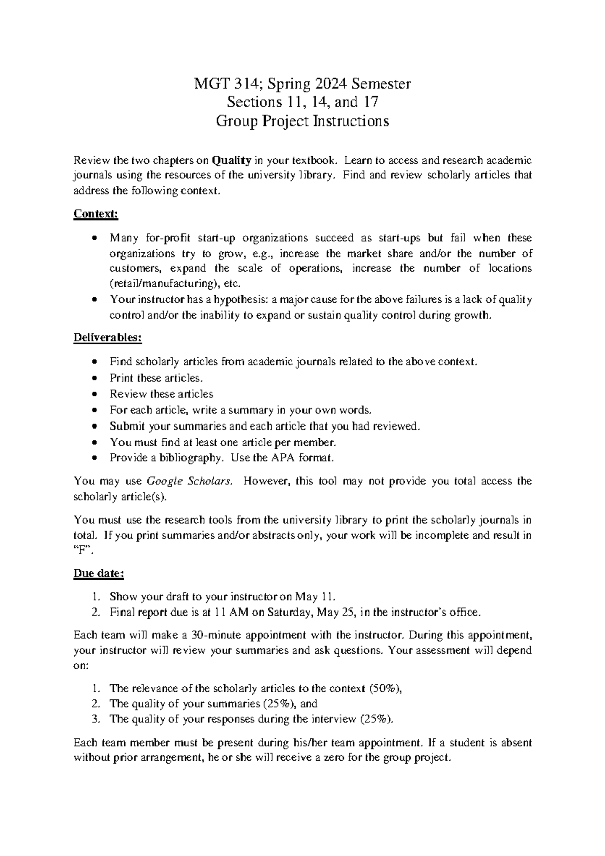 Mgt 314 project guideline - MGT 314; Spring 2024 Semester Sections 11 ...