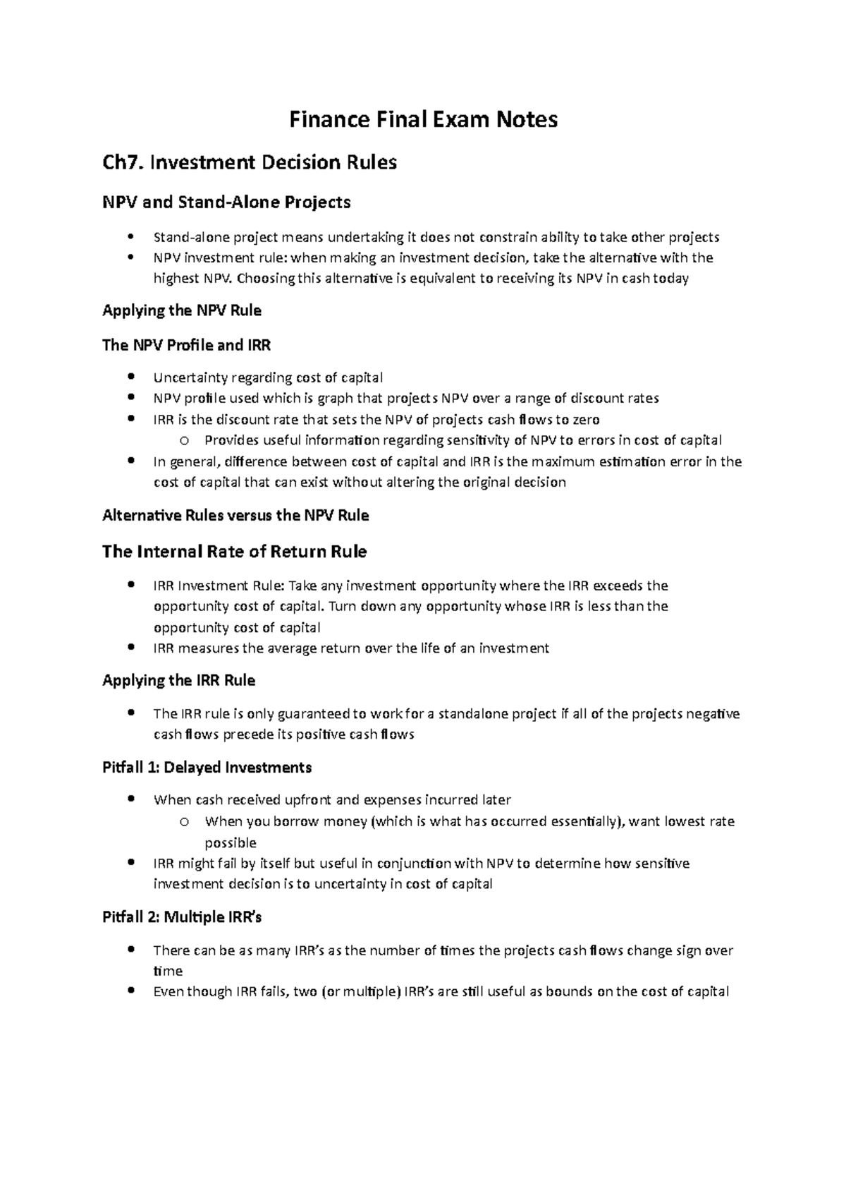 Finance Final Exam Notes - Investment Decision Rules NPV and Stand ...