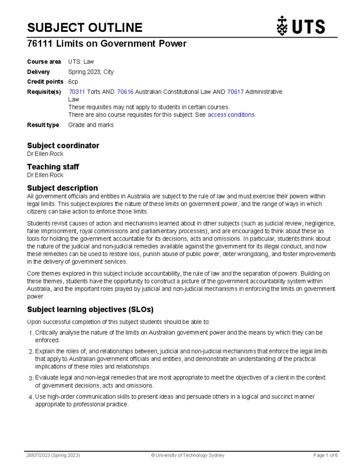 Limits on Government Power - Subject Outline - SUBJECT OUTLINE 76111 ...