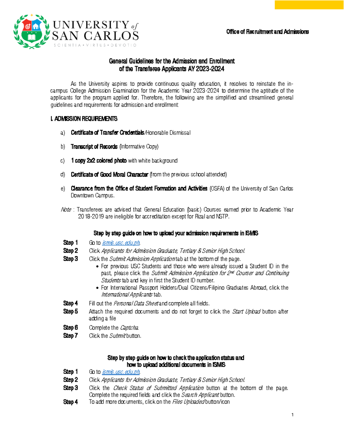 Approved General Guidelines for Admission and Enrollment of Transferee ...