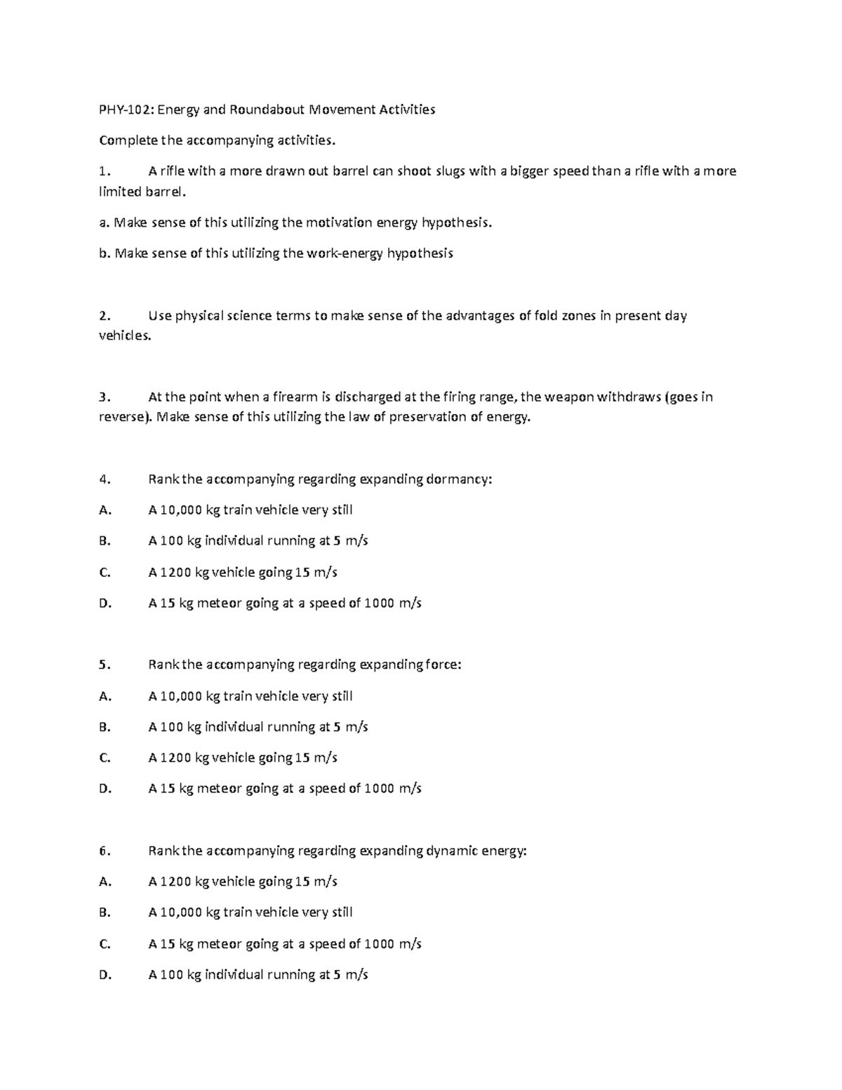 Phy worksheet - PHY-102: Energy and Roundabout Movement Activities ...
