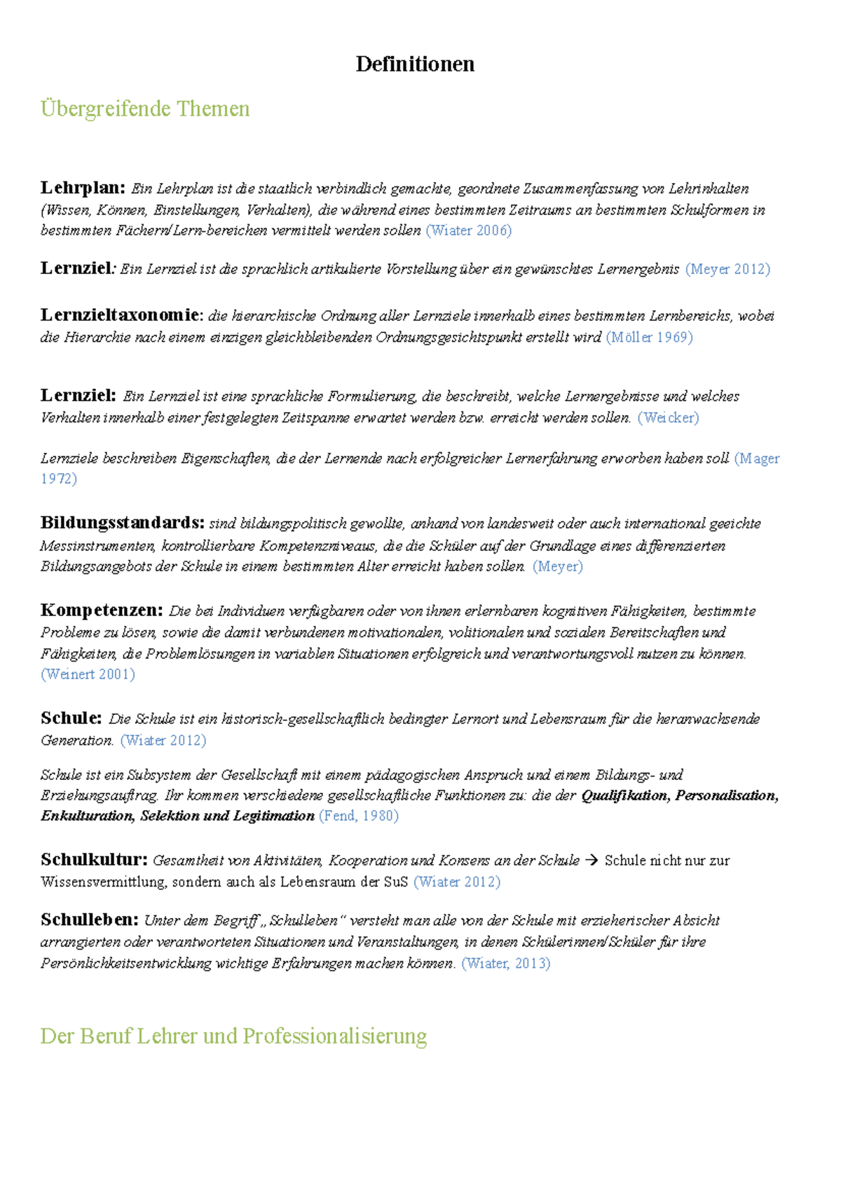 Definitionen Examen Schulpädagogik - Definitionen Übergreifende Themen ...
