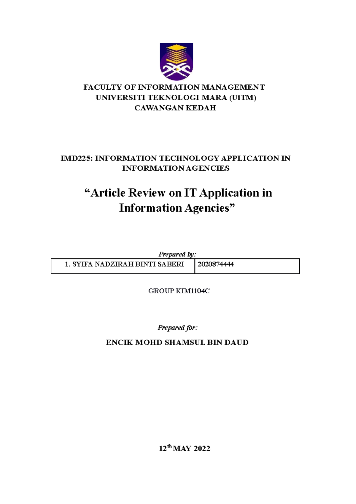 IMD225-Article Review - FACULTY OF INFORMATION MANAGEMENT UNIVERSITI ...