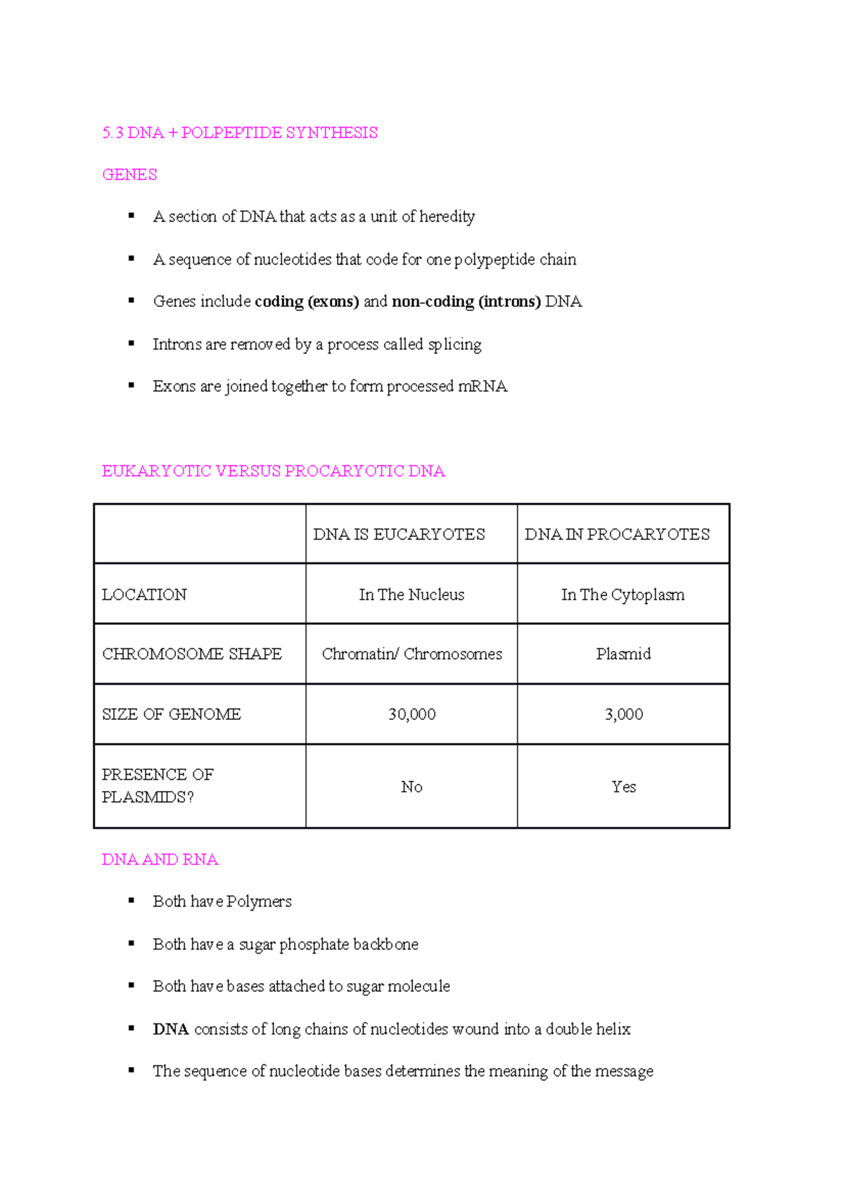 Bio Year 12 HSC Protein Synthesis Notes - 5 DNA + POLPEPTIDE SYNTHESIS ...