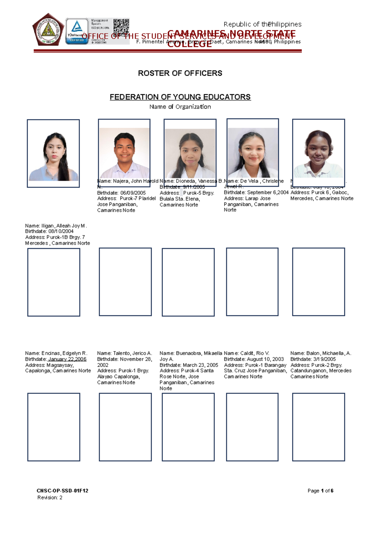 Block 2C Officers and Members Roster 102524 - CAMARINES NORTE STATE ...