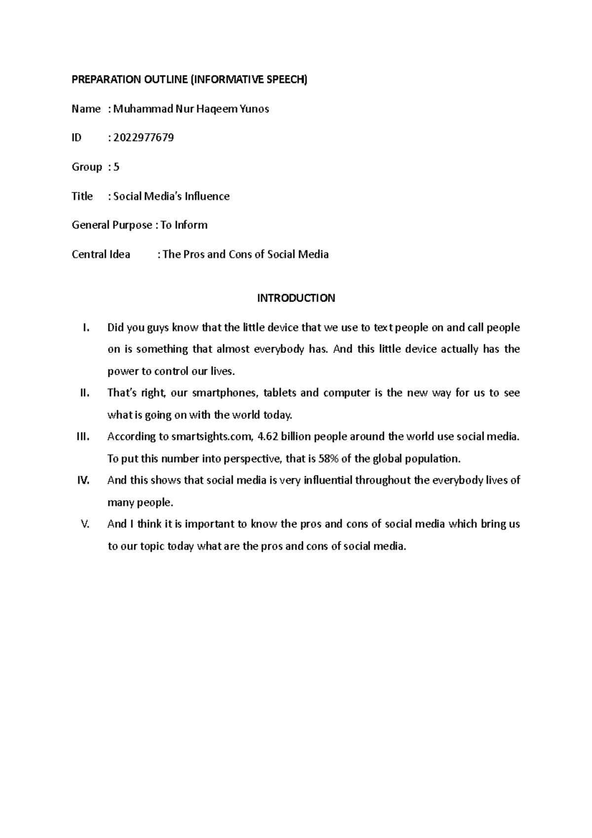 Preparation Outline - PREPARATION OUTLINE (INFORMATIVE SPEECH) Name ...