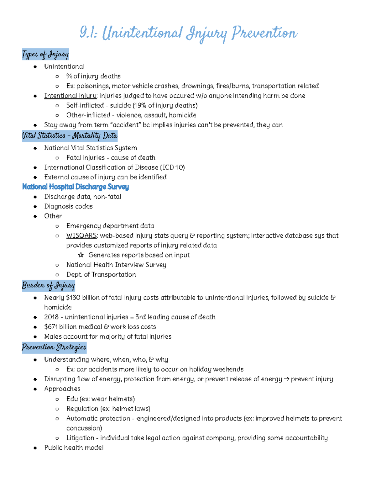 Lesson 9.1 Notes: Unintentional Injury Prevention - 9: Unintentional ...