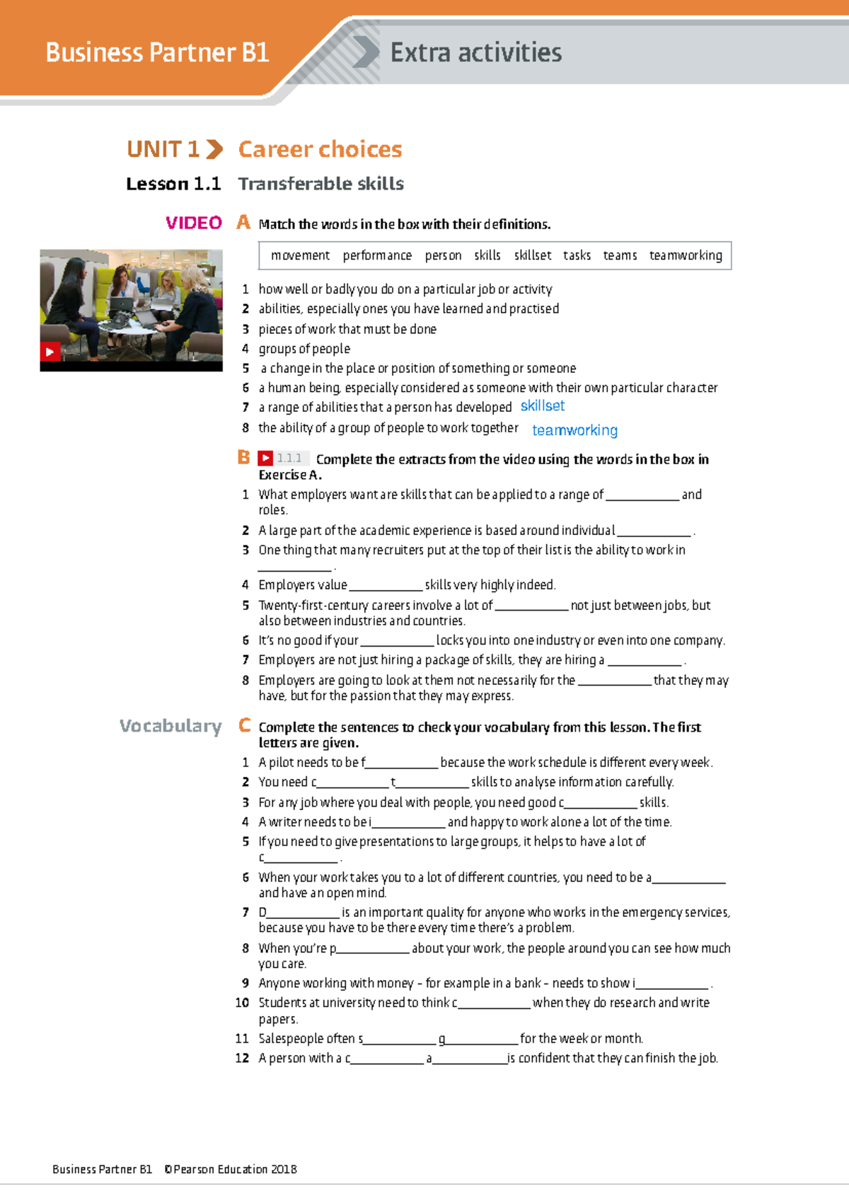 Bus Part B1 Ex Class Prac WS U1 - UNIT 1 Lesson 1. VIDEO Career choices Transferable skills A ...