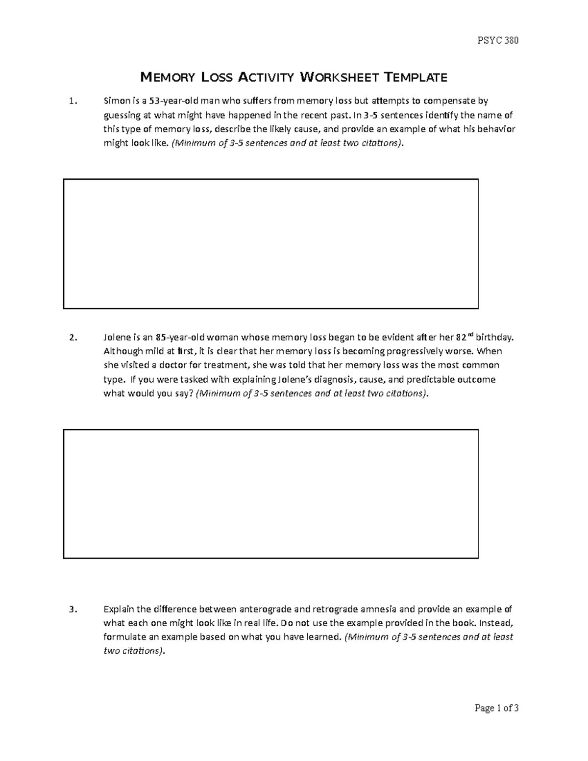 Memory Loss Activity Worksheet Template - PSYC 380 MEMORY LOSS ACTIVITY ...