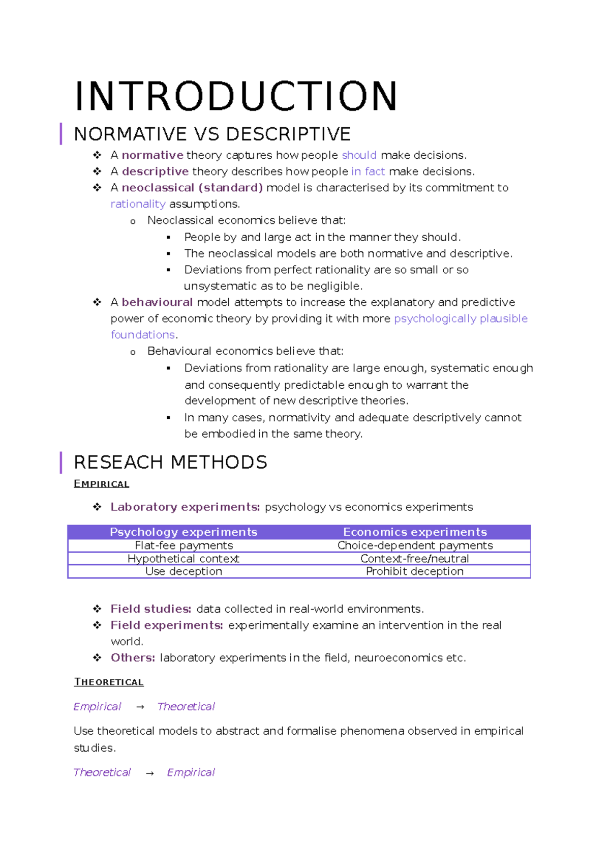ECON30019 2021 Semester 2Notes - INTRODUCTION NORMATIVE VS DESCRIPTIVE ...